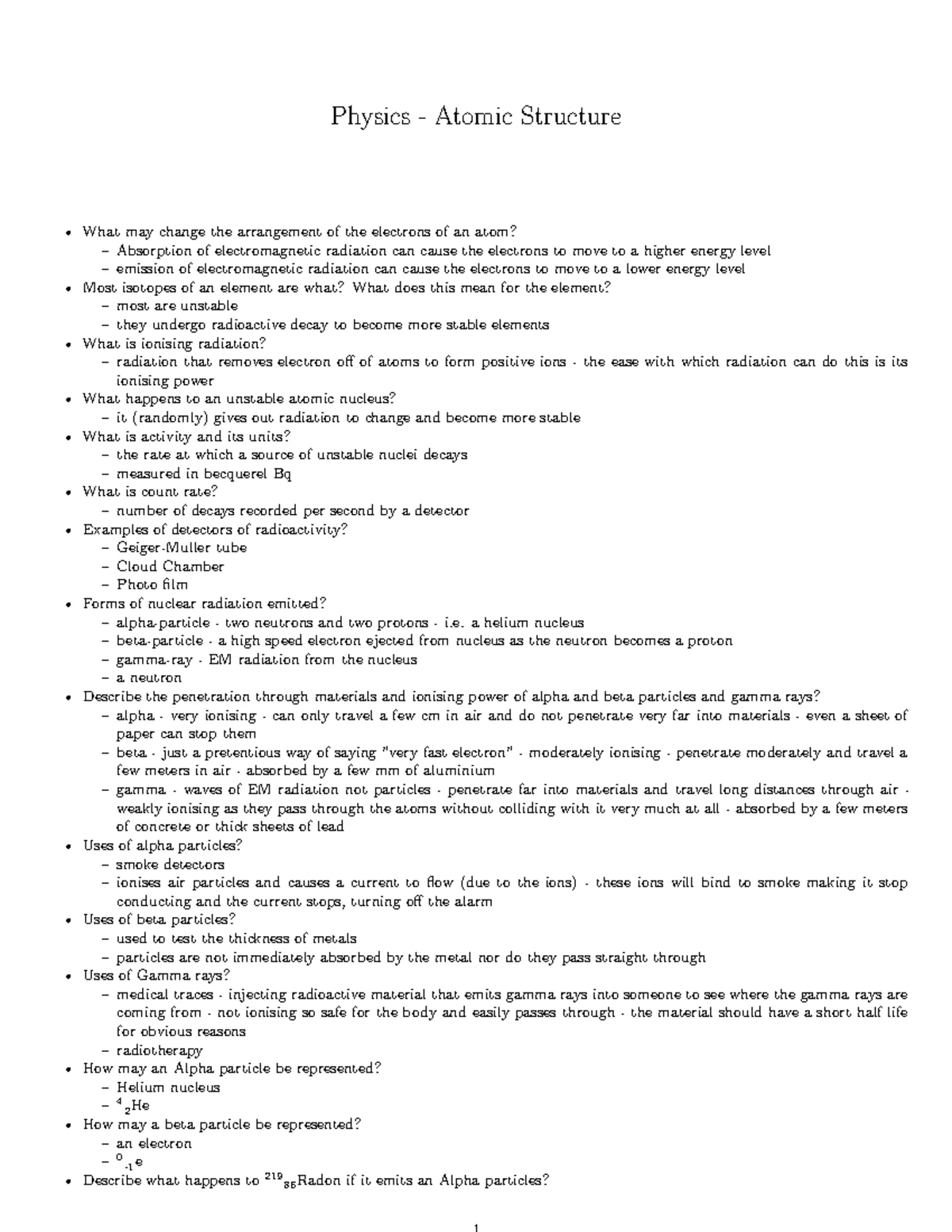 AQA GCSE Physics: Summary Notes on Atomic Structure and Radiation - Studocu