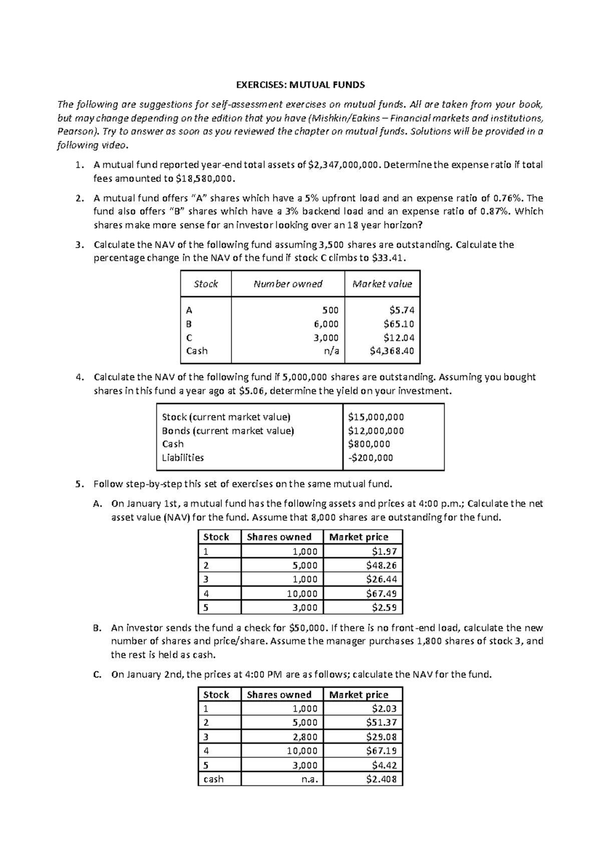 B4A - Mutual Funds Self-Assessment Exercises Guide - Studocu