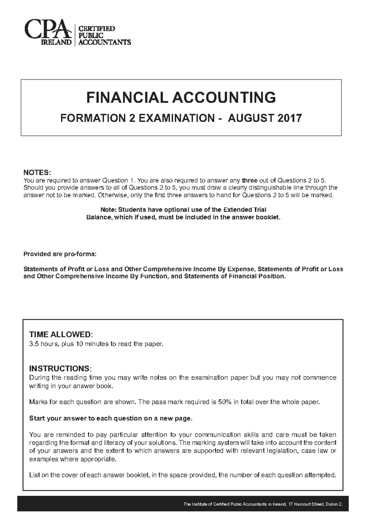 F2 Financial Accounting August 2017 Exam Notes and Guidelines - Studocu