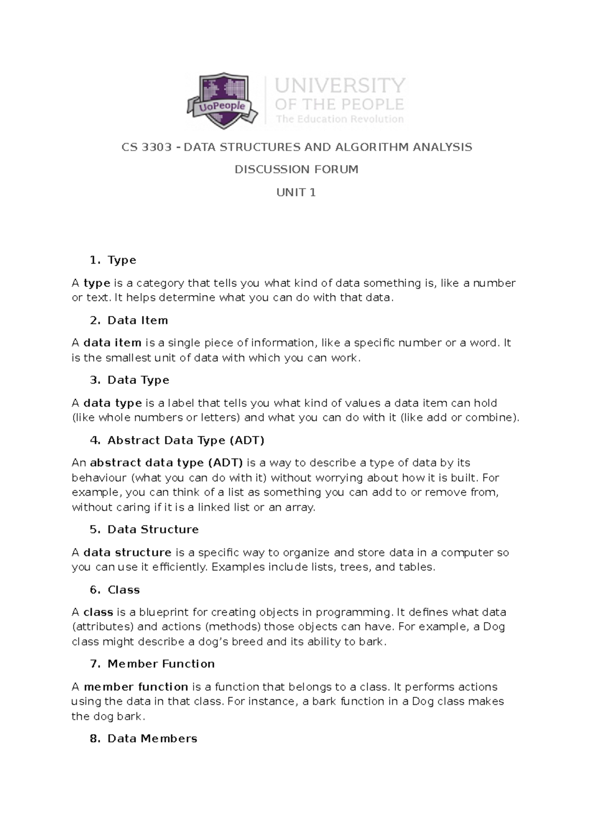 Unit 1 - Discussion Forum - CS 3303 - DATA STRUCTURES AND ALGORITHM ...