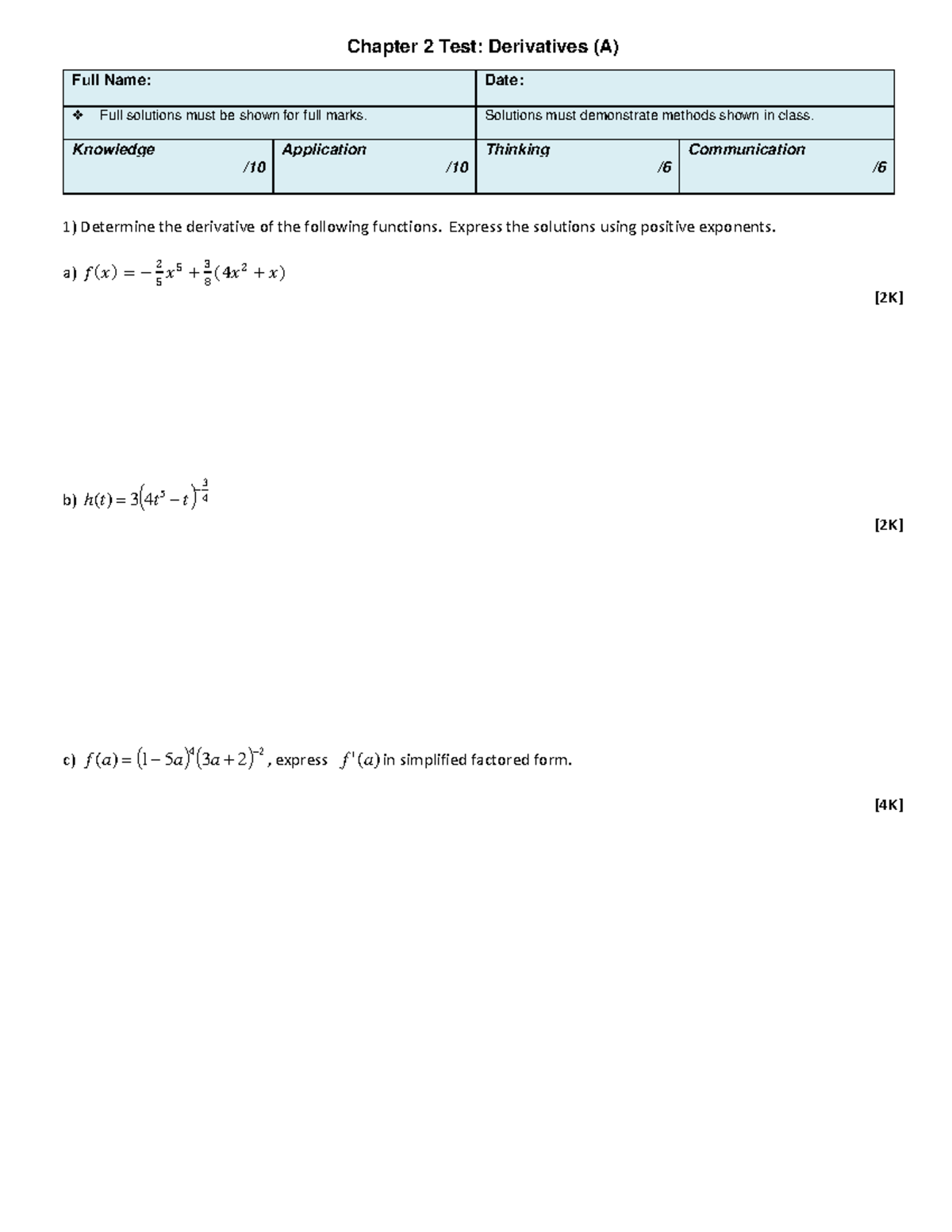 Ch2 Test: Derivatives Practice Test for Unit 2 - Studocu
