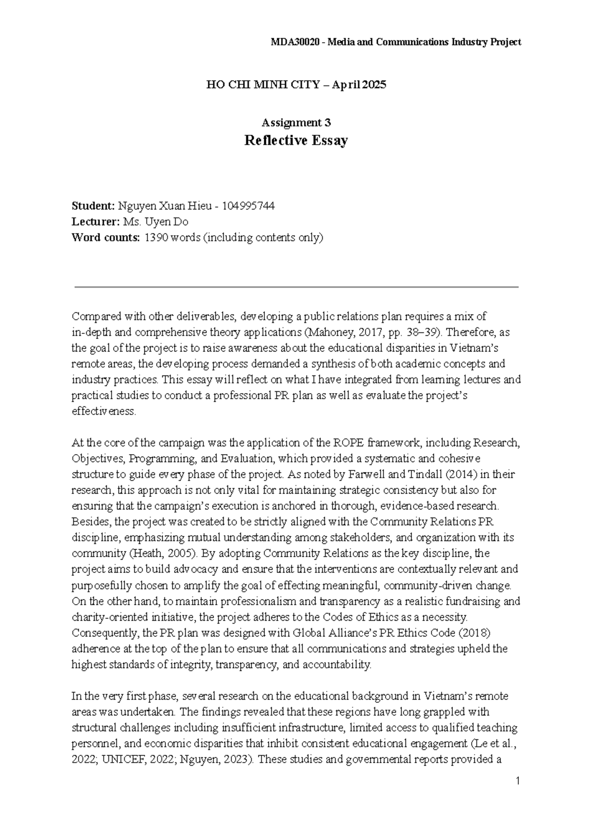MDA30020 Reflective Essay on PR Plan for Educational Disparities ...