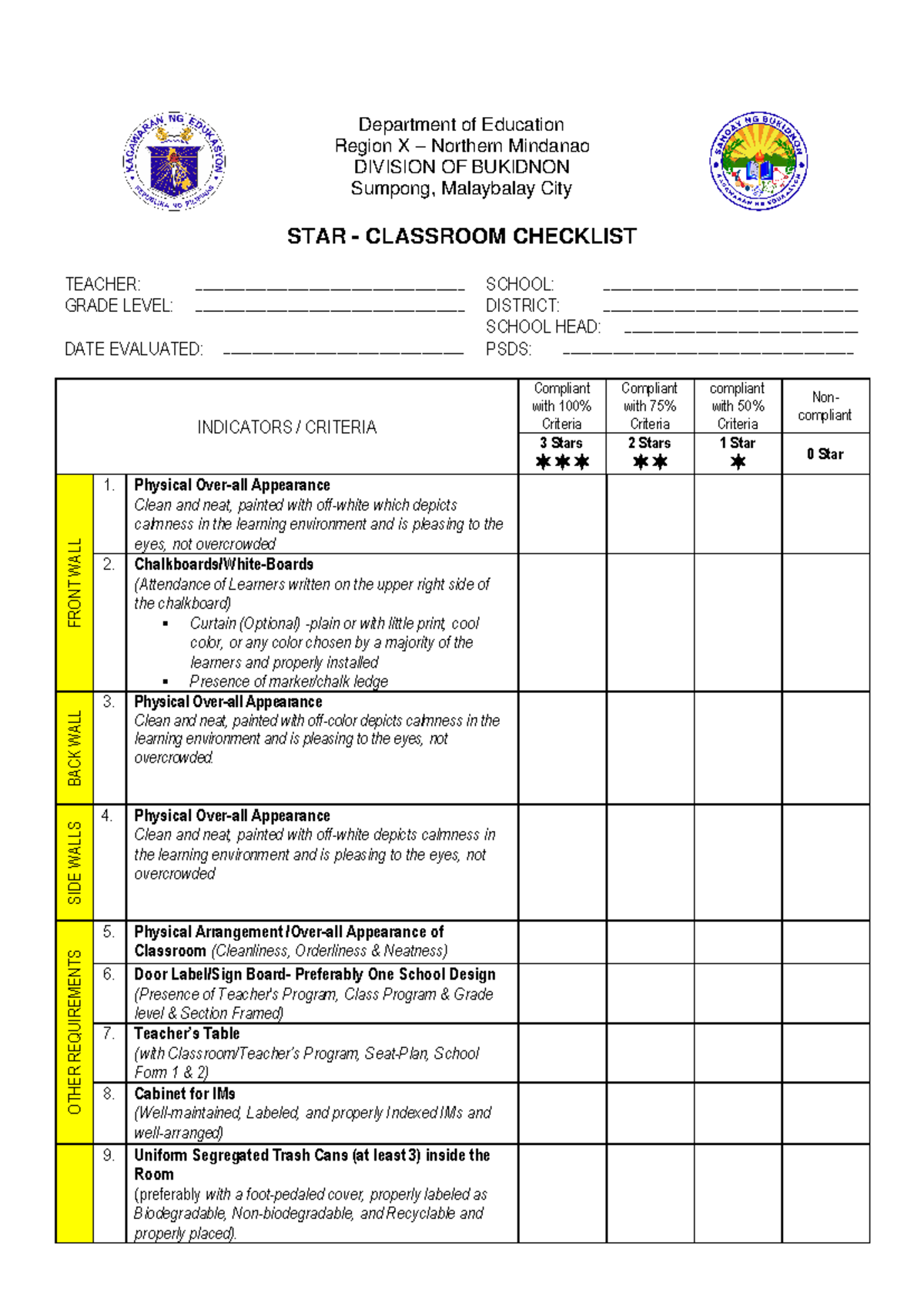 STAR-Classroom Checklist for Assessment in Region X Education - Studocu