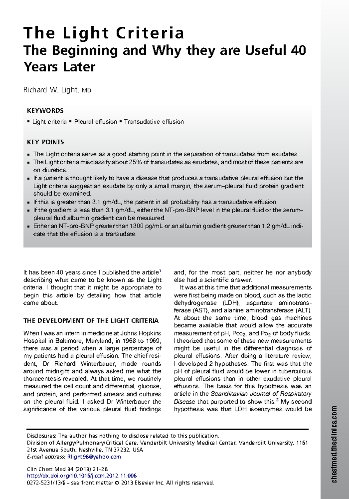 The Light Criteria: 40 Years of Impact on Pleural Effusion Diagnosis ...