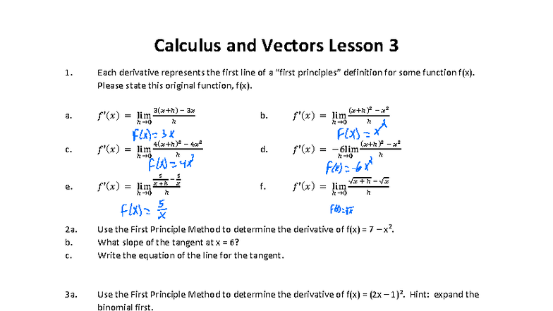 Calculus and Vectors Lesson 3 Assignment 2: Derivatives and ...