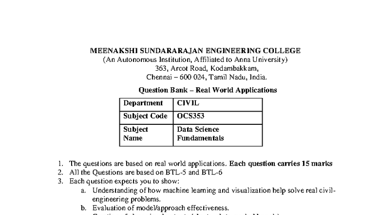 OCS353 Data Science Fundamentals Question Bank - Real World Applications - Studocu