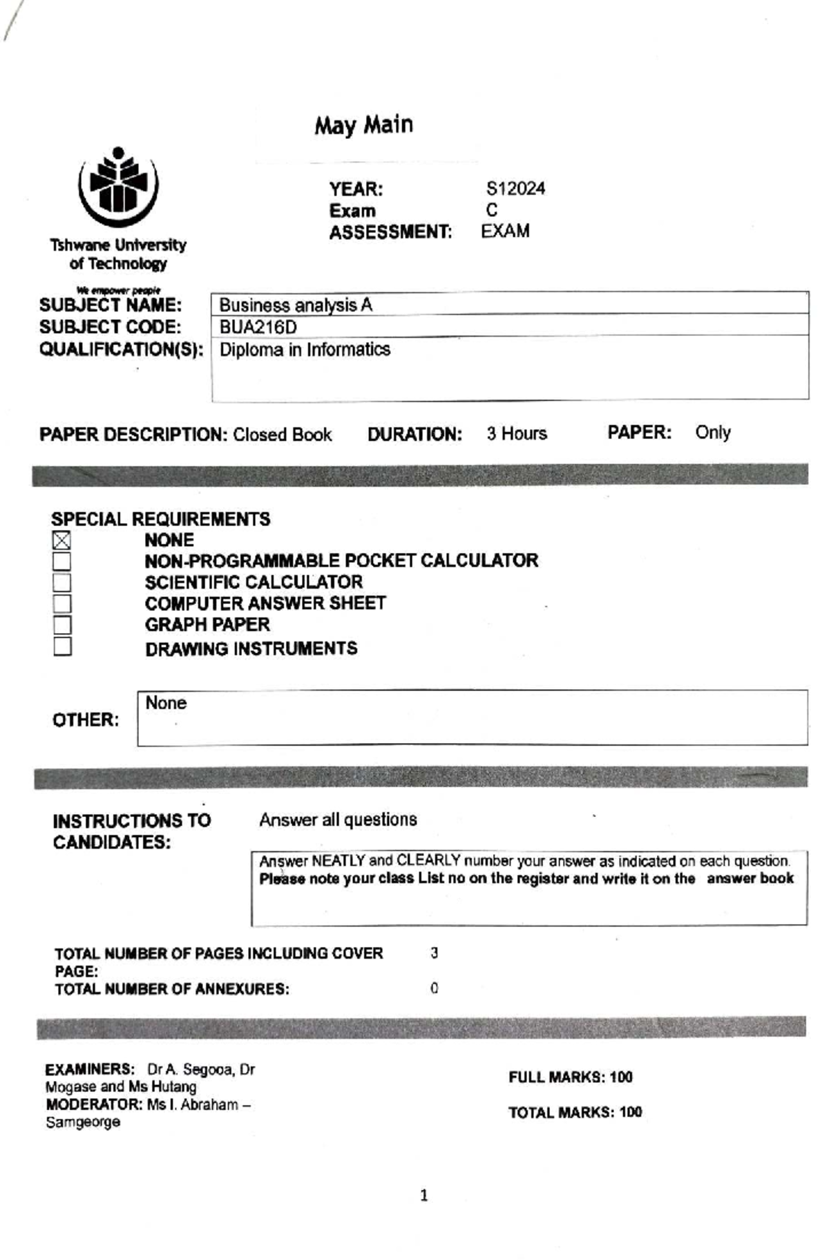 BUA216D Business Analysis Exam 2024 - Past Paper Review - Studocu
