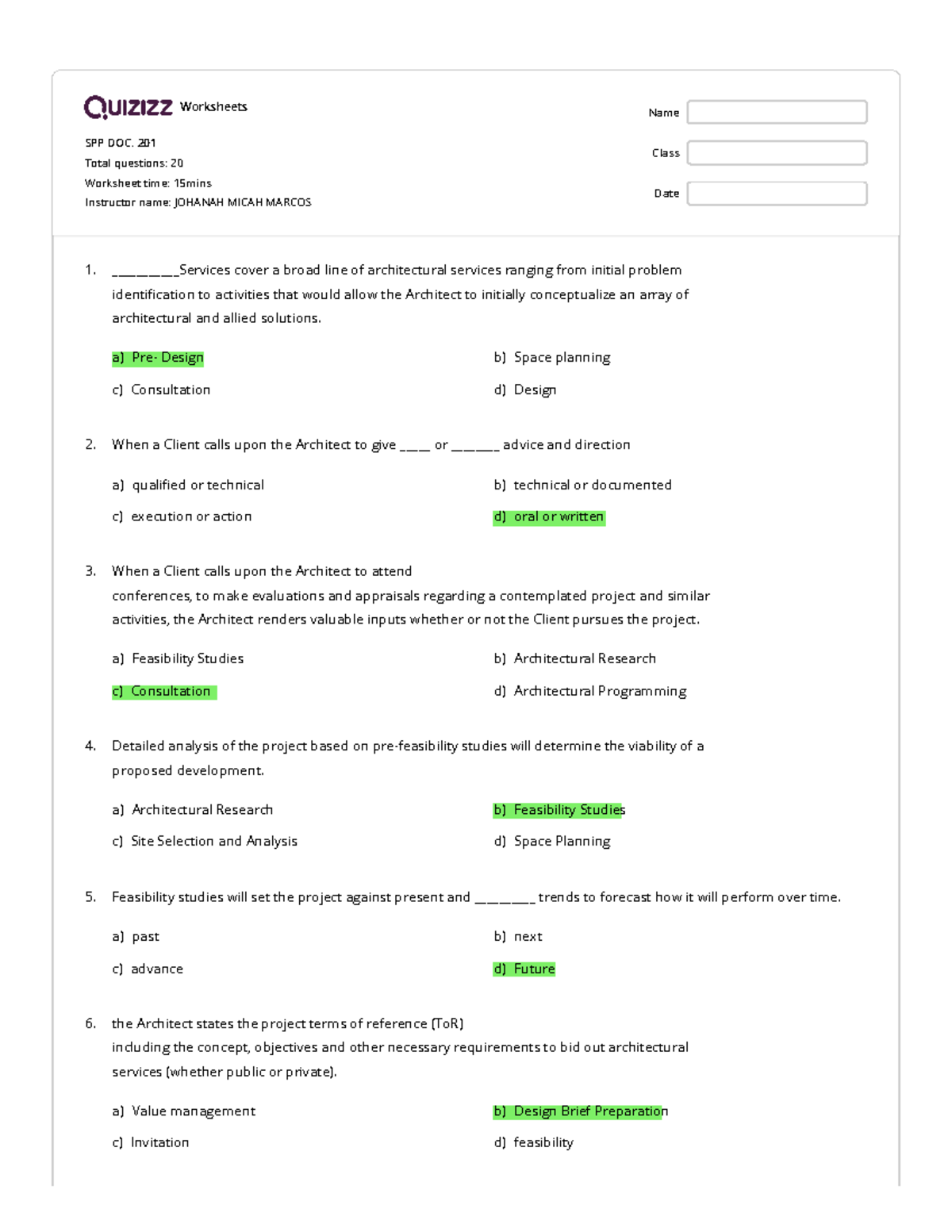 SPP DOC. 201 Quizizz - Comprehensive Quiz Review for Architects - Studocu