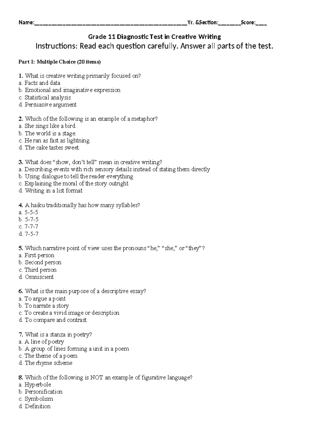 Grade 11 Creative Writing Diagnostic Test and Essay Guidelines - Studocu