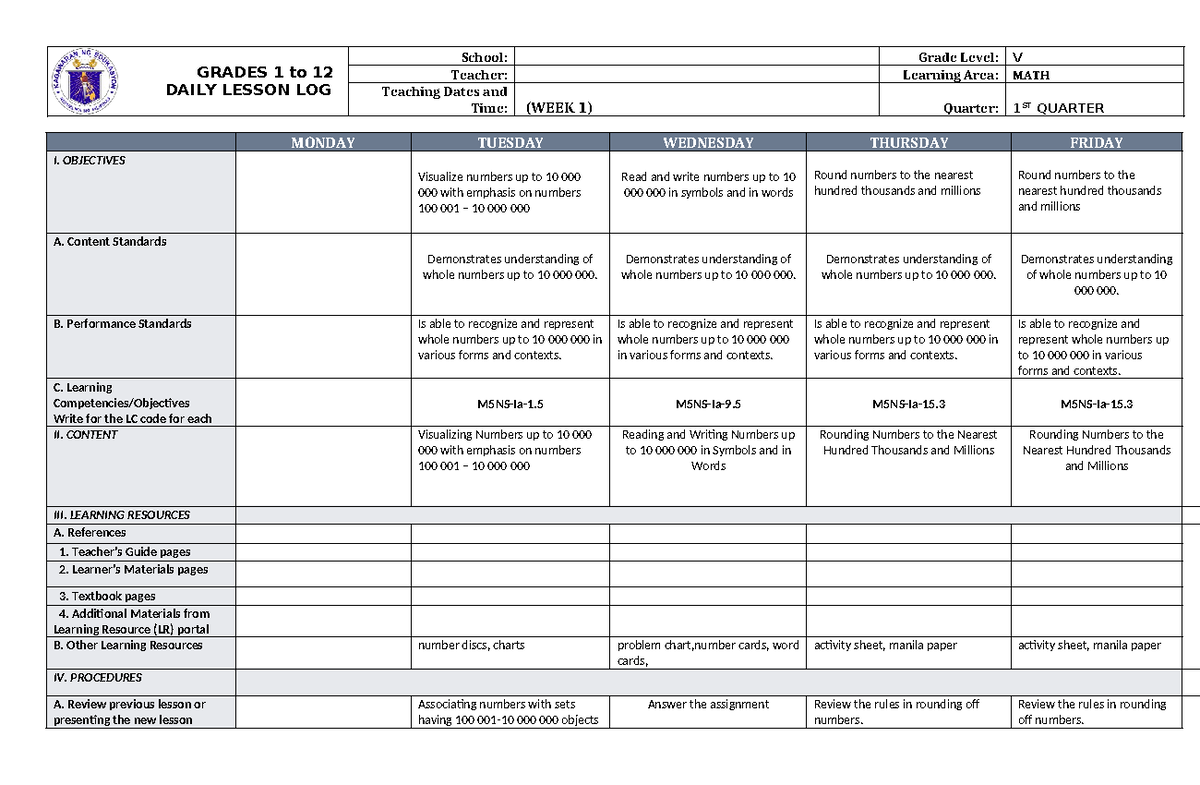 DLL MATH 5 Q1 W1 - Weekly Lesson Plan for Numbers and Rounding - Studocu