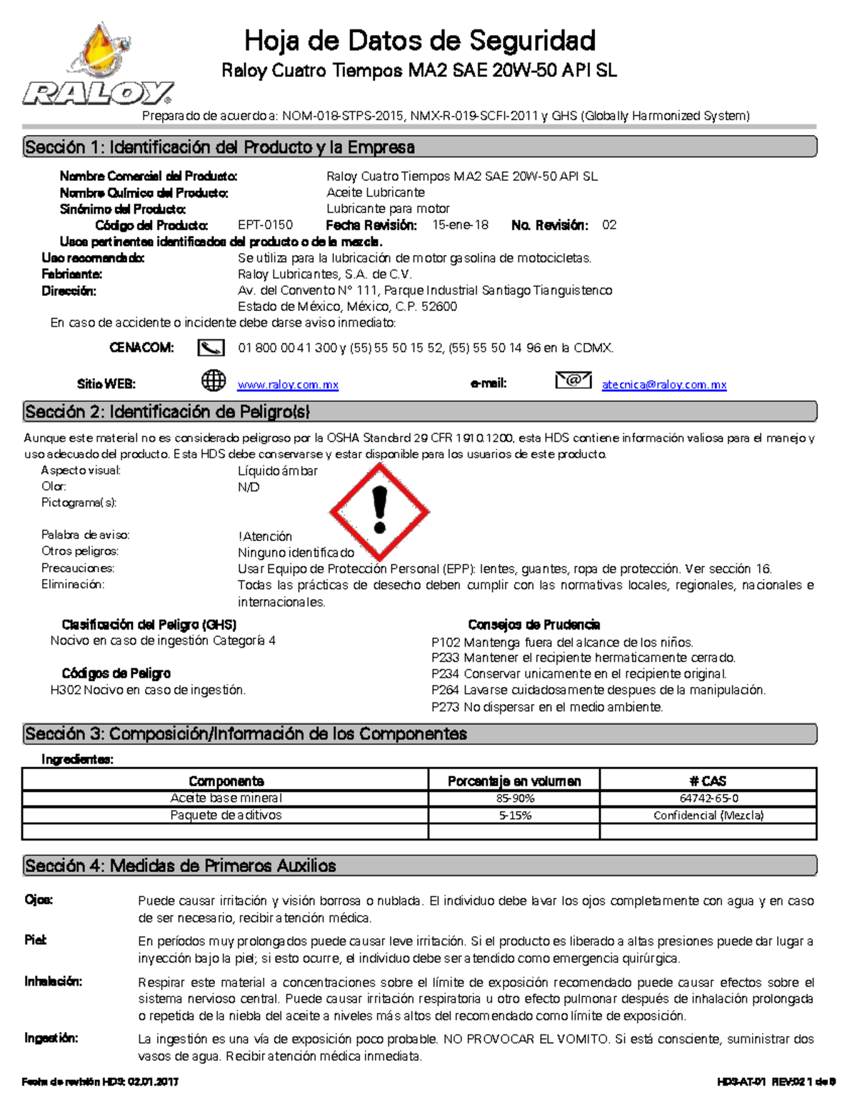 Hoja de Datos de Seguridad HDS Raloy Cuatro Tiempos MA2 SAE 20W50 SL ...