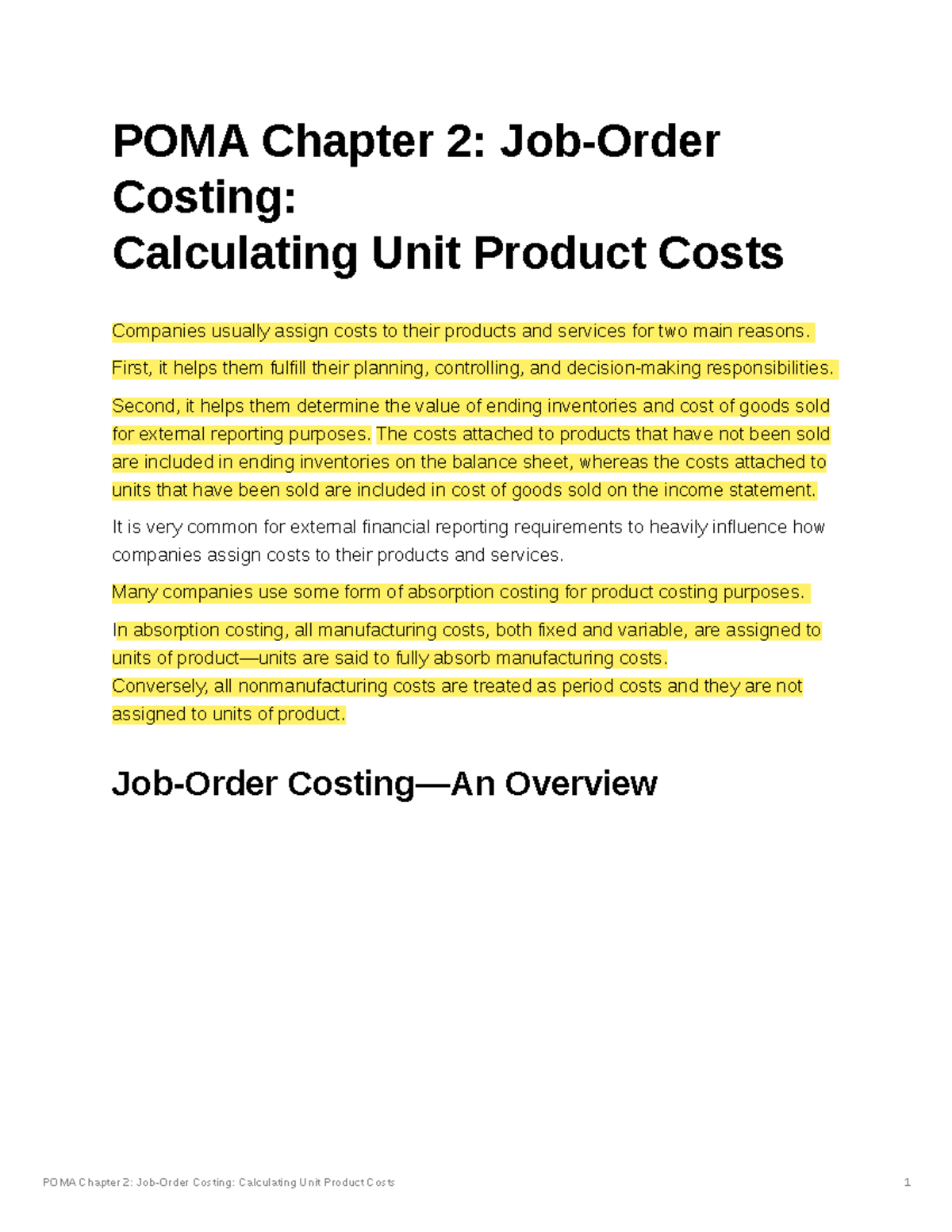 POMA Chapter 2: Costing and Calculating Unit Product Costs - Studocu