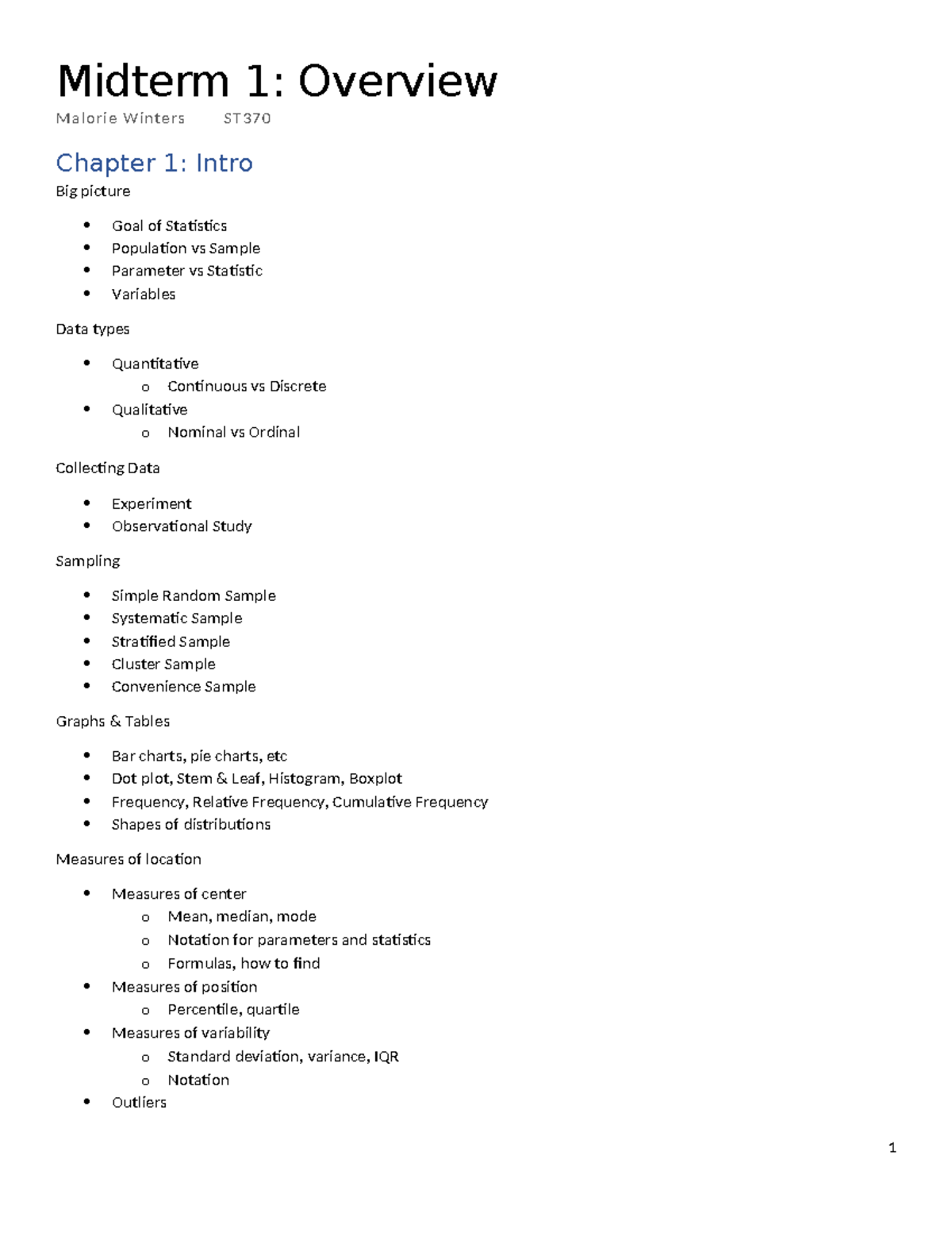 Midterm 1 Study Guide: ST370 Statistics Overview & Key Concepts - Studocu
