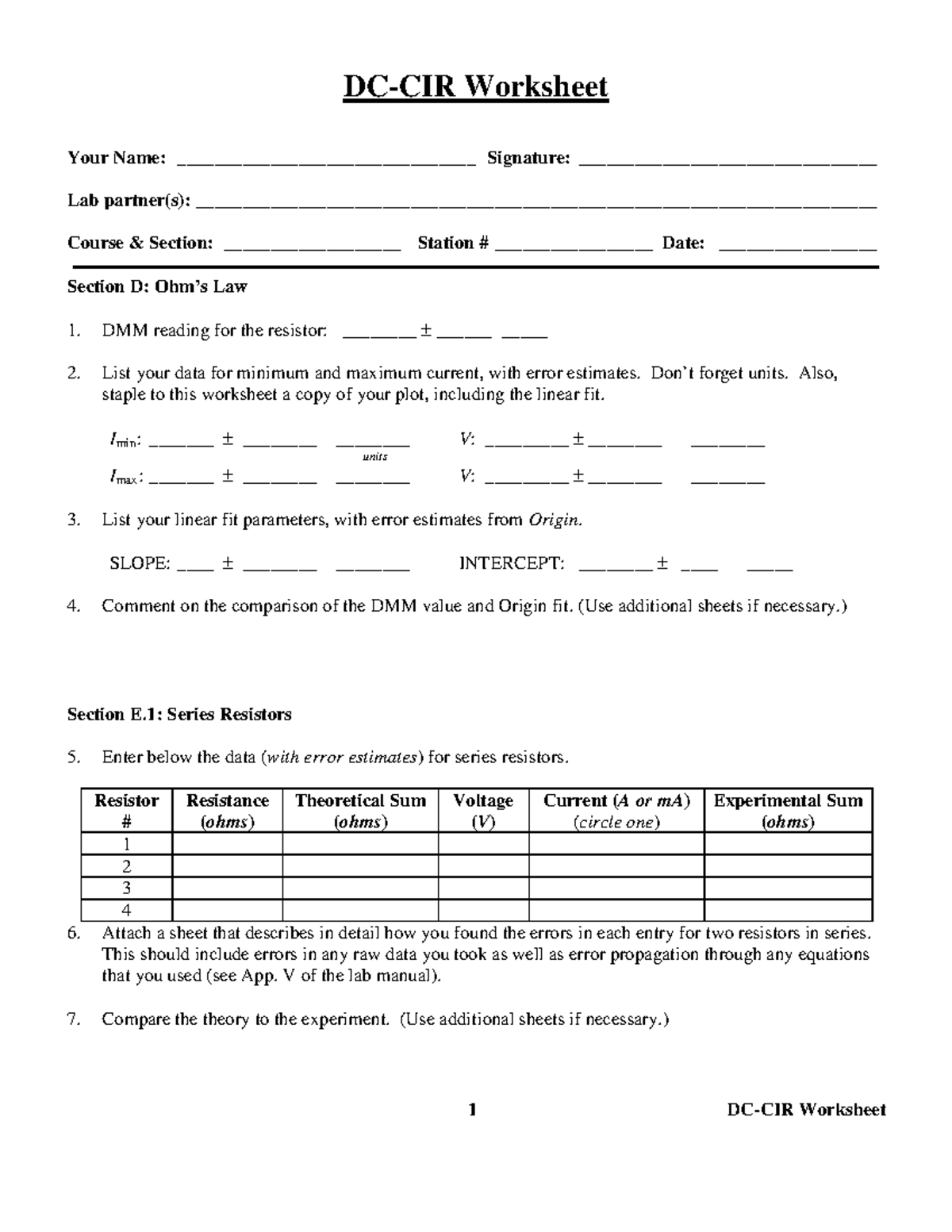 Direct Current Circuit tips - 1 DC-CIR Worksheet DC-CIR Worksheet Your ...