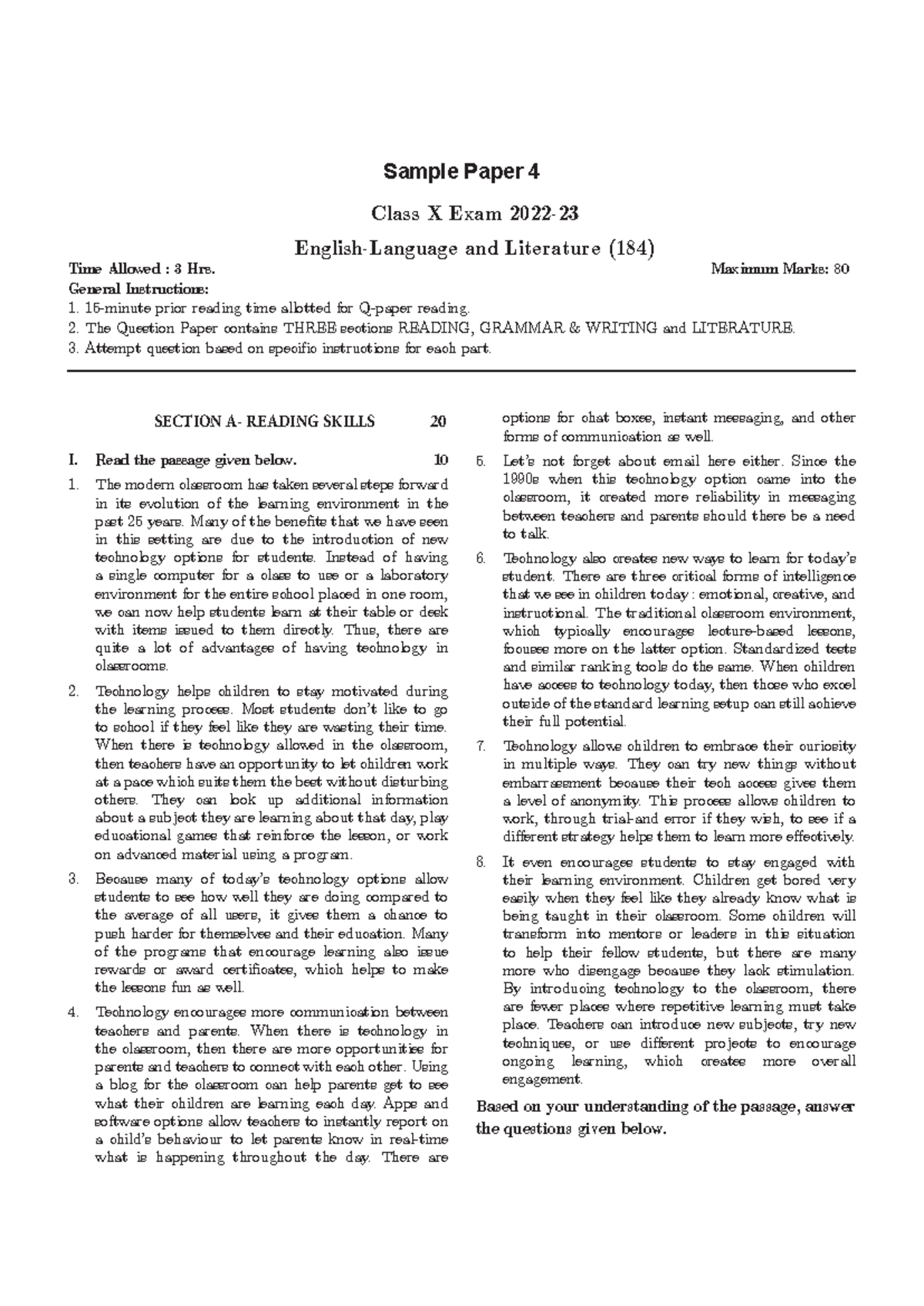 Sample 04 - CBSE English X Sample Paper 4 Page 1 Sample Paper 4 Class X ...