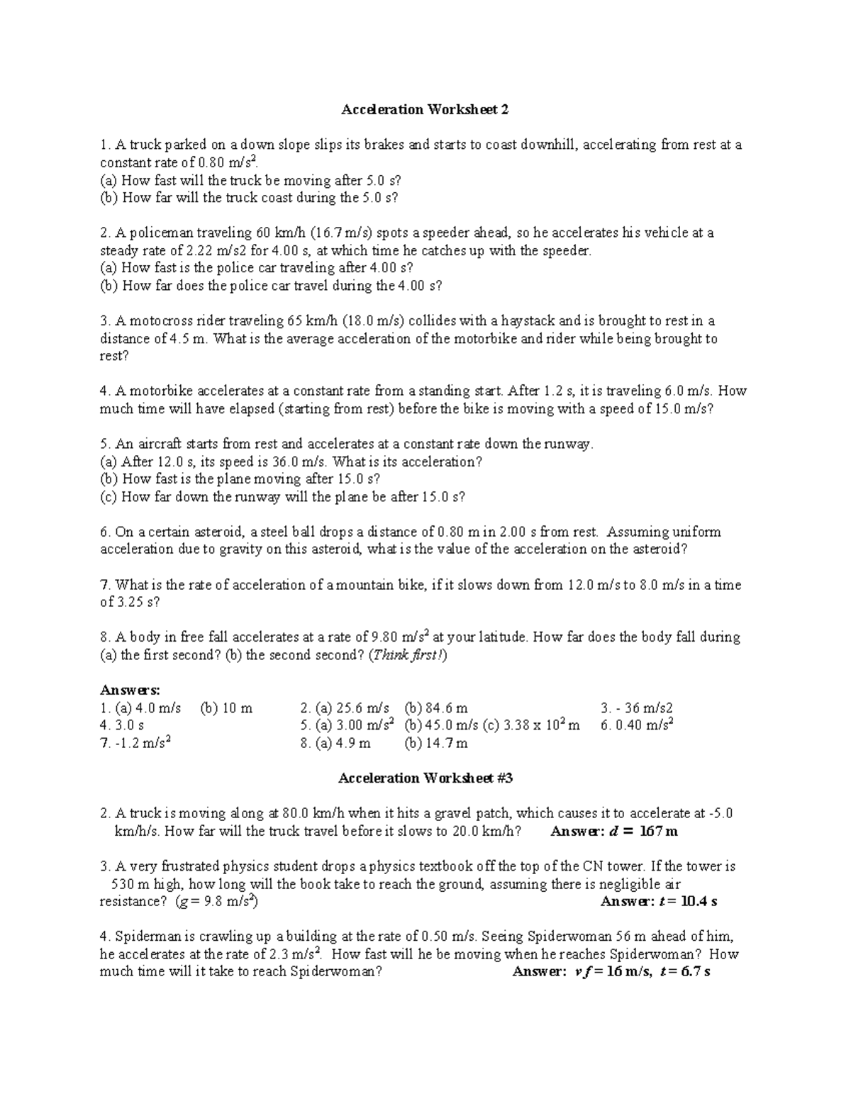 Unit #1 acceleration - Acceleration Worksheet 2 A truck parked on a ...