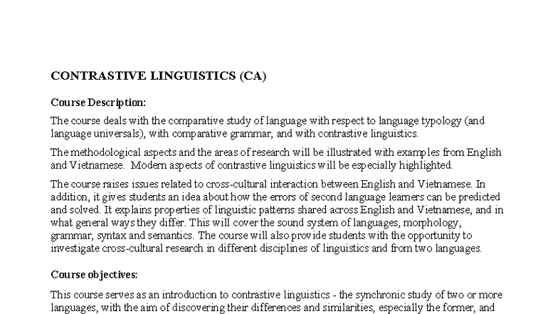 Contrastive Linguistics Course Outline (CA) - 2022 Edition - Studocu