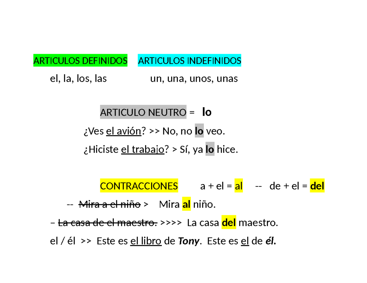 Definidos Indefinidos Neutros - ARTICULOS DEFINIDOS ARTICULOS ...
