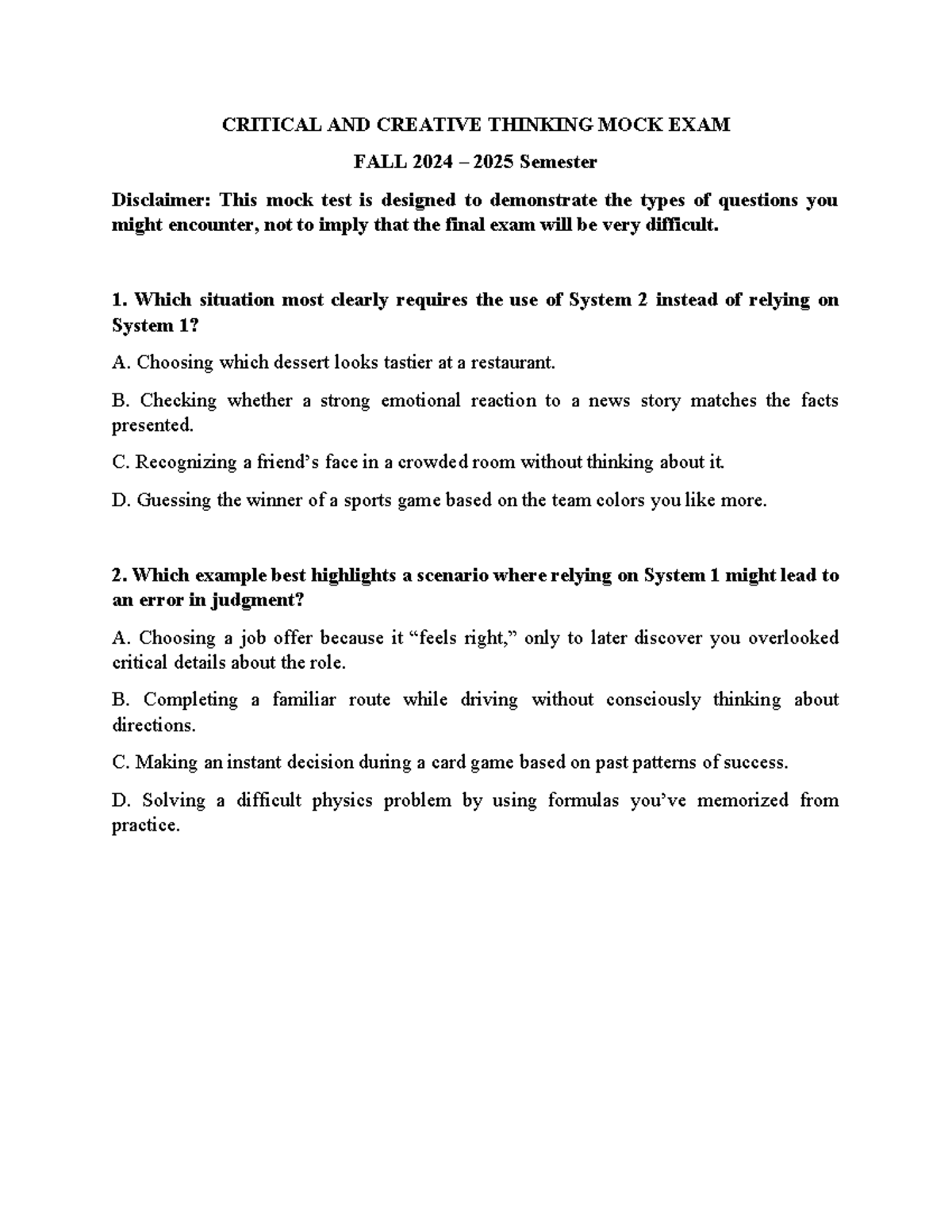 Critical AND Creative Thinking MOCK EXAM - CRITICAL AND CREATIVE ...