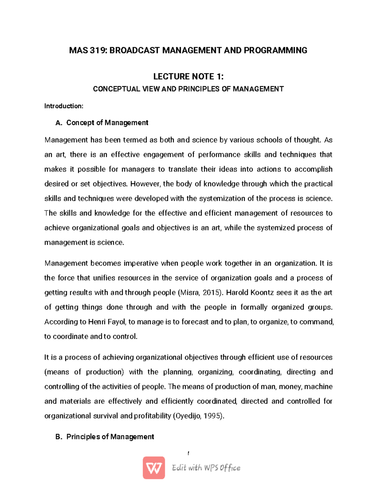 MAS 319: Broadcast Management & Programming Lecture Notes Overview ...