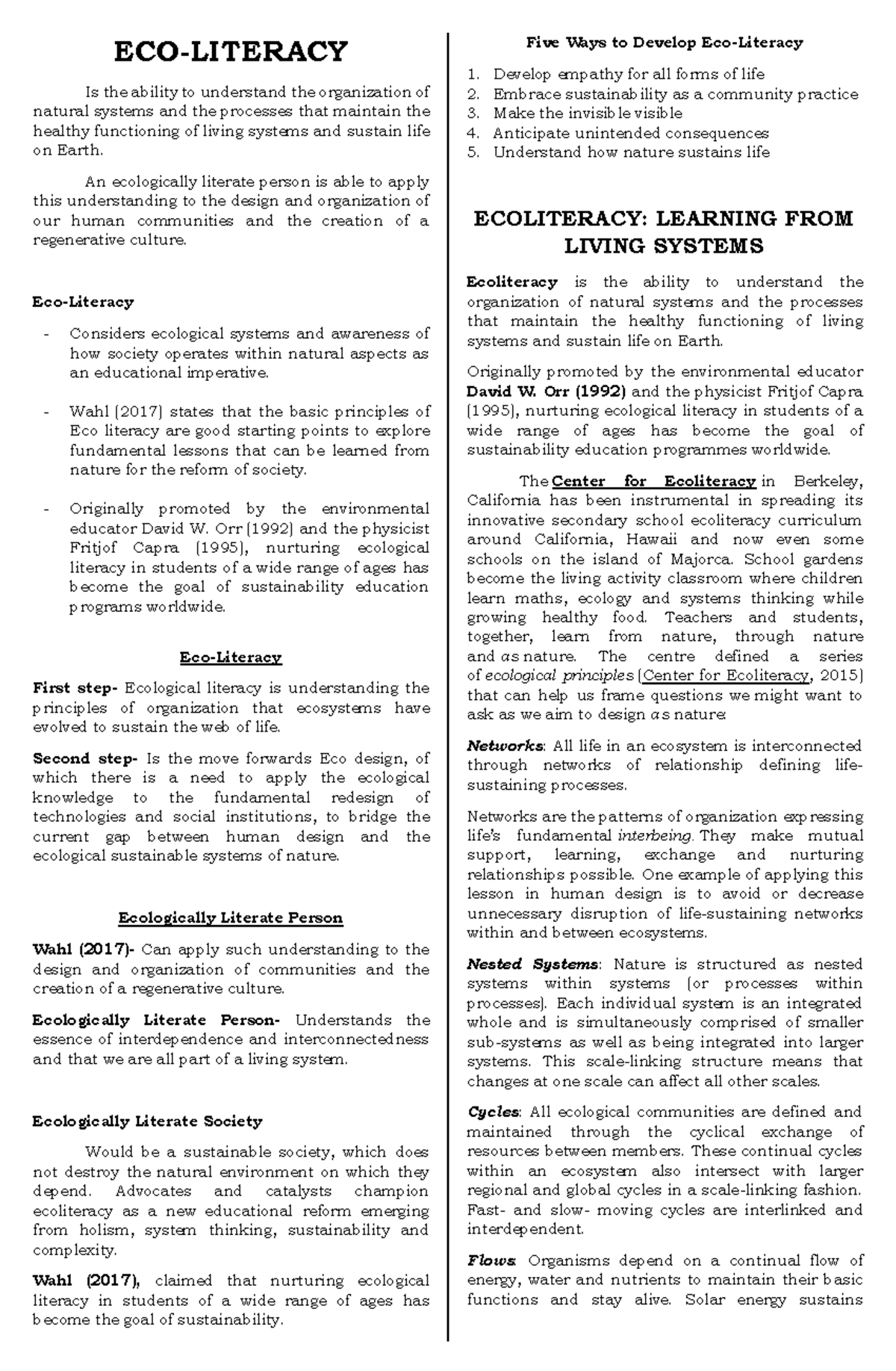 ECO-101: Ecoliteracy and Sustainable Community Design Notes - Studocu