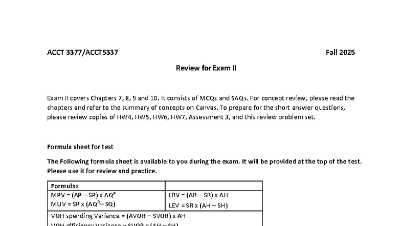 ACCT Fall 2025 Review for Exam II: Chapters 7-10 Concepts - Studocu