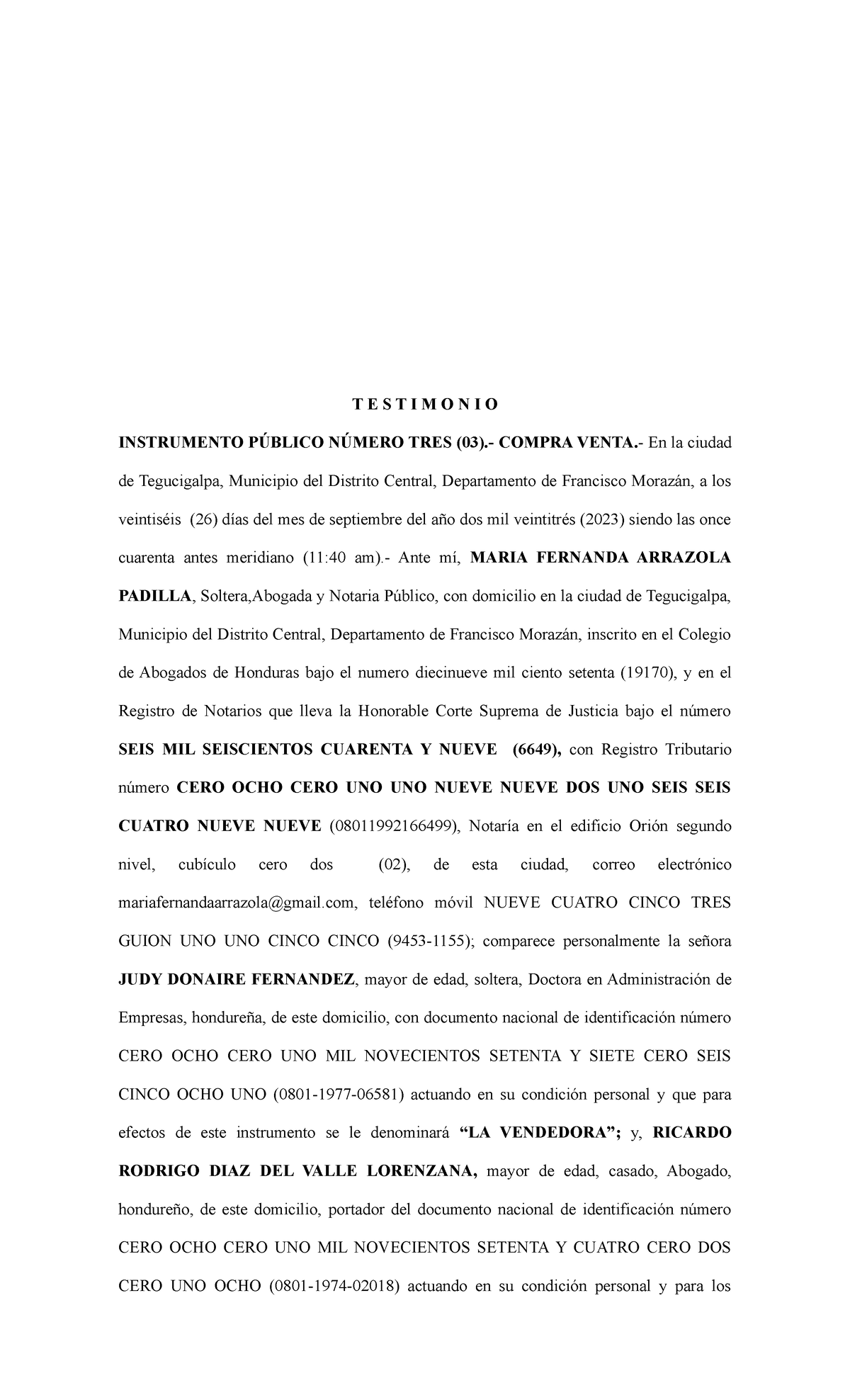 Compraventa - Testimonio Notarial del 26 Septiembre 2023 - Studocu