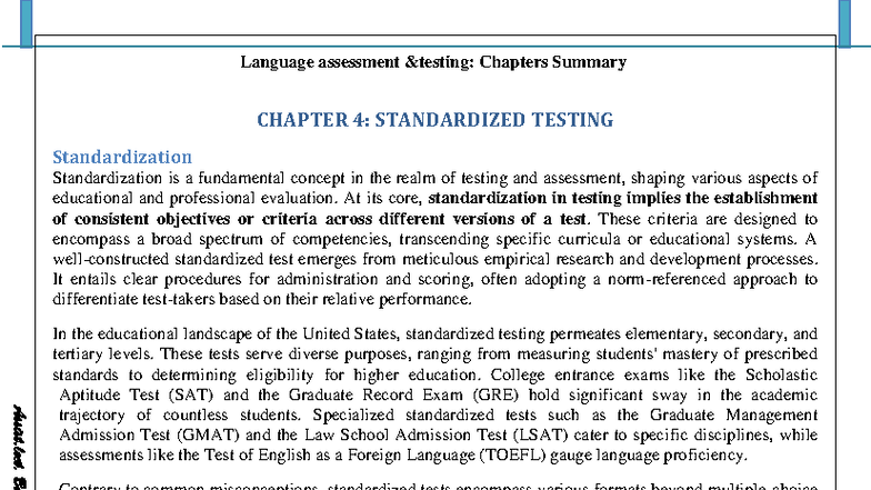 ELT Course Assessment: Chapter 4 Summary on Standardized Testing - Studocu