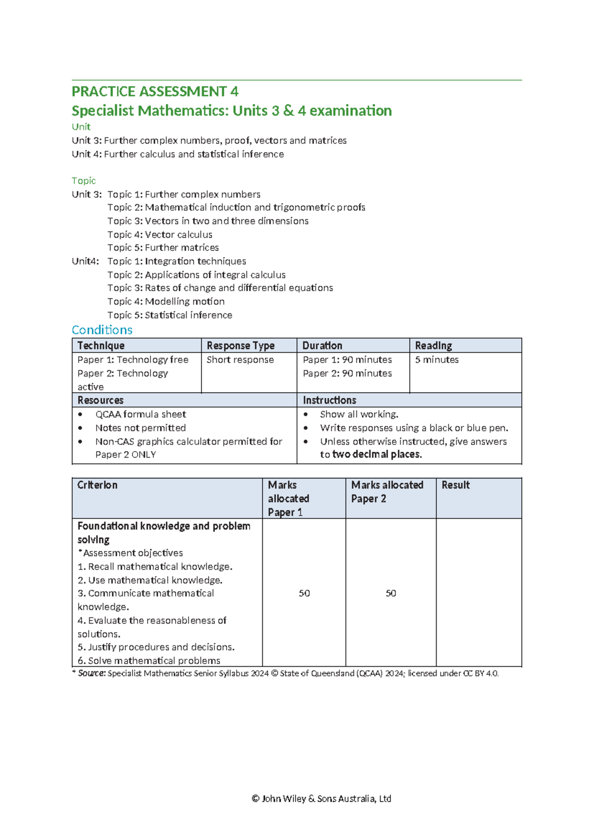 Specialist Mathematics Units 3 & 4: Practice Assessment 4 Questions ...