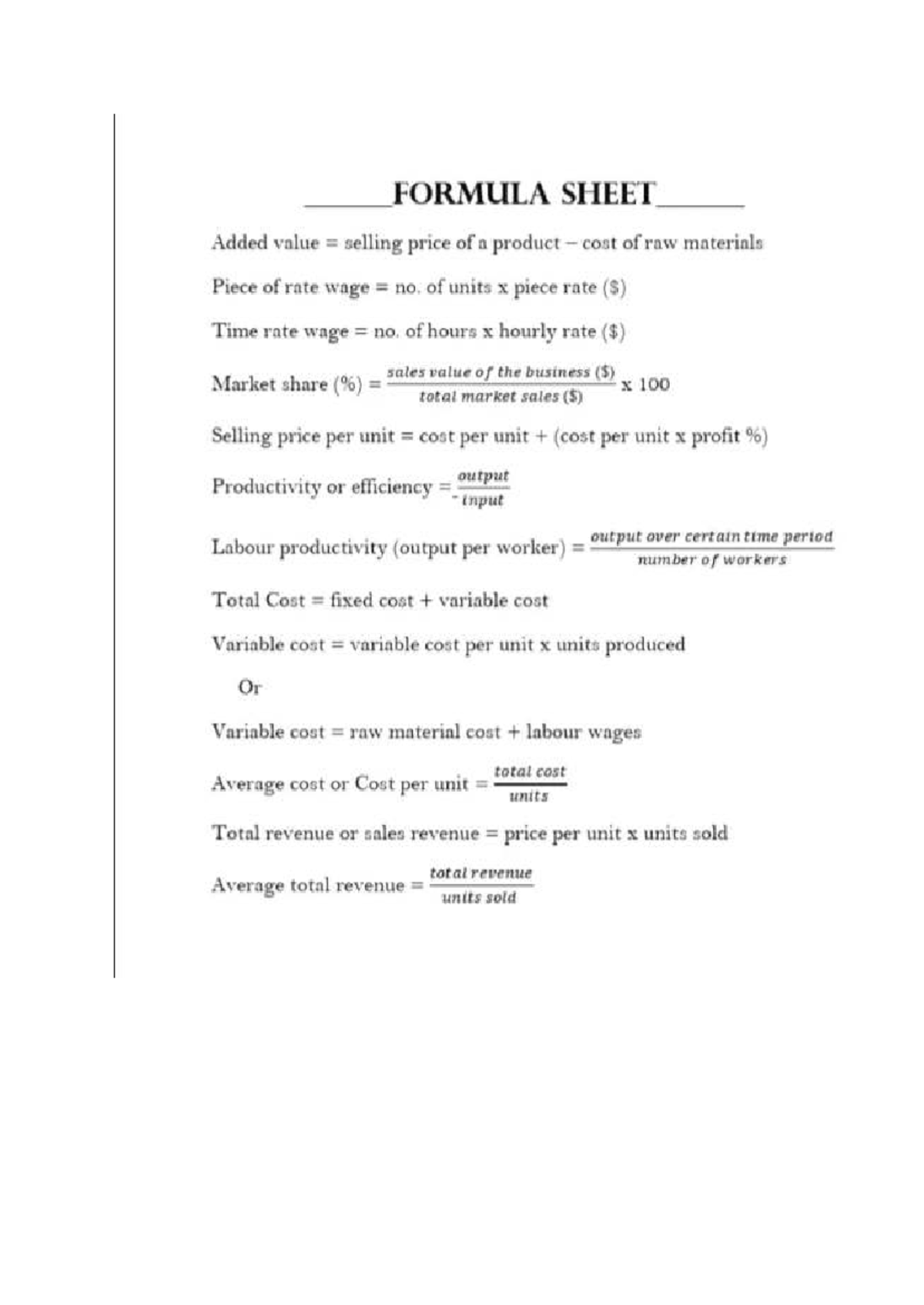 Business Formula Sheet: Key Concepts & Calculations - Studocu