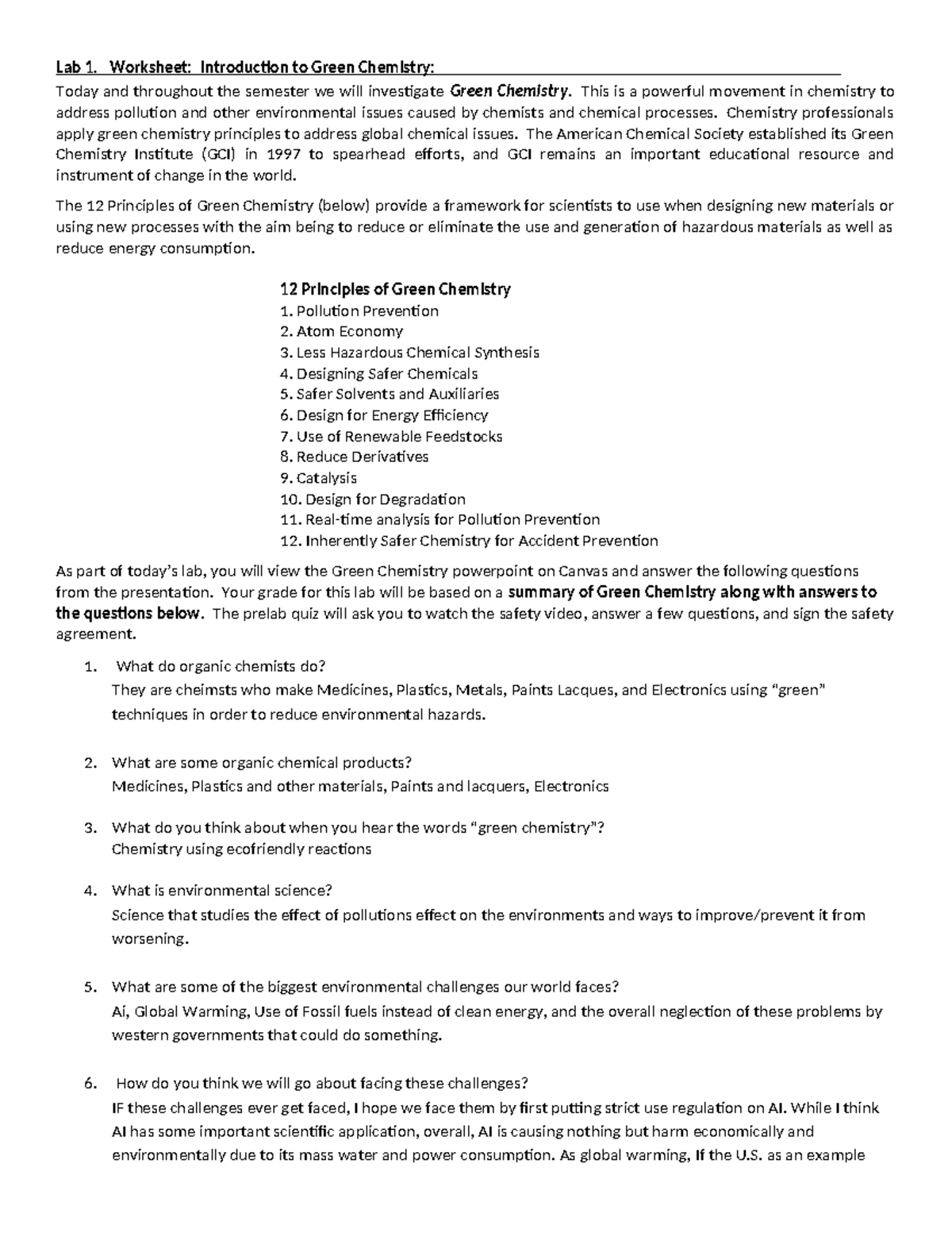 Lab 1: Green Chemistry Worksheet and Principles Overview - Studocu