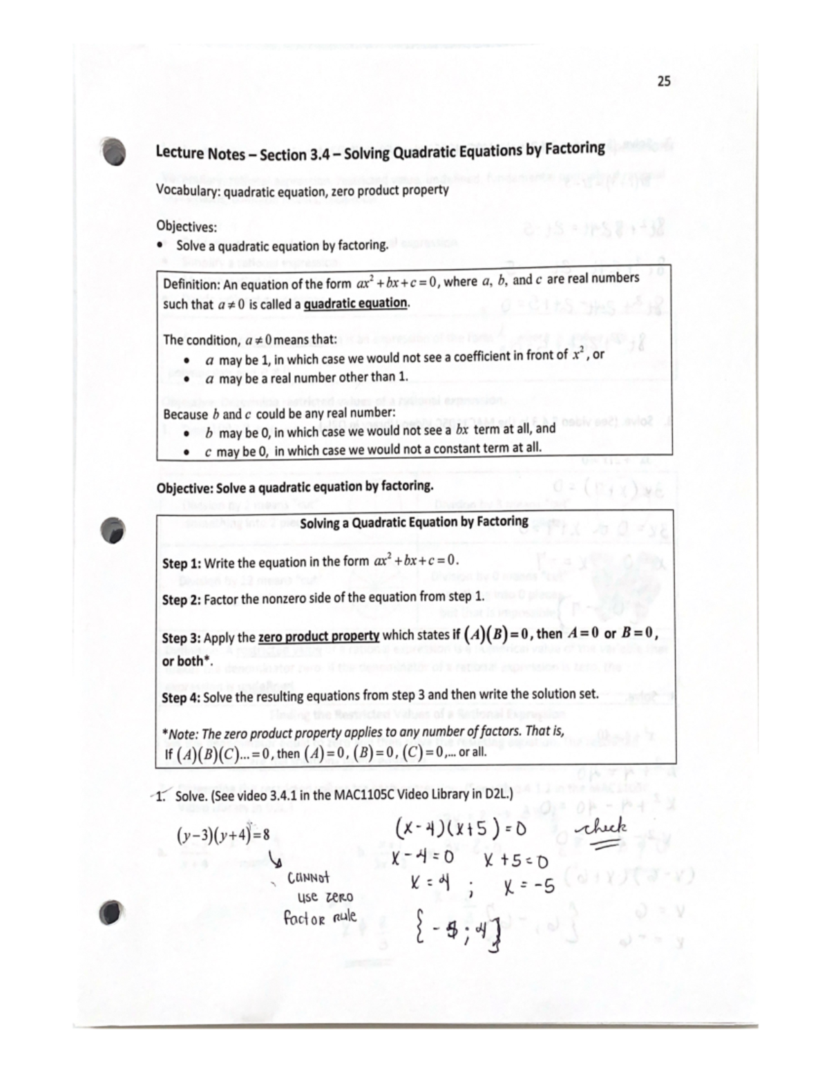 MAC1105C Lecture Notes: Section 3.4 - Quadratic Equations & Factoring ...