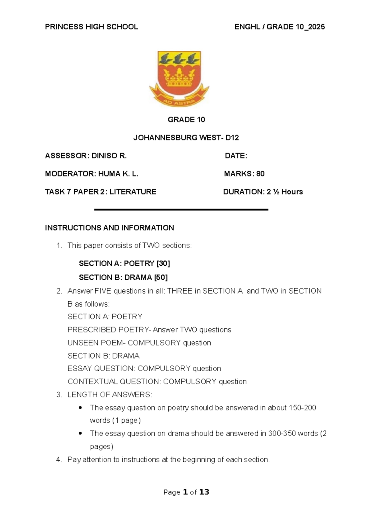 Grade 10 ENGHL Paper 2: Literature Exam Questions & Guidelines - Studocu