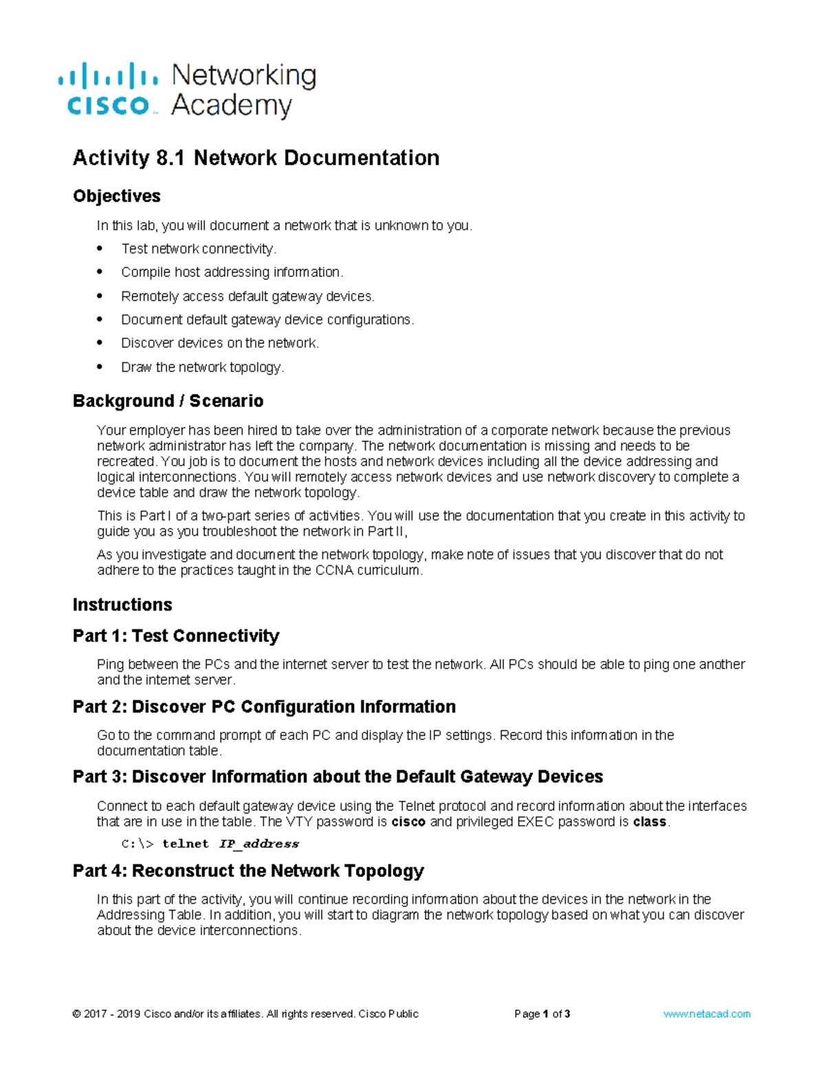 Activity 8.1 CCNA Lab: Comprehensive Network Documentation Guide - Studocu