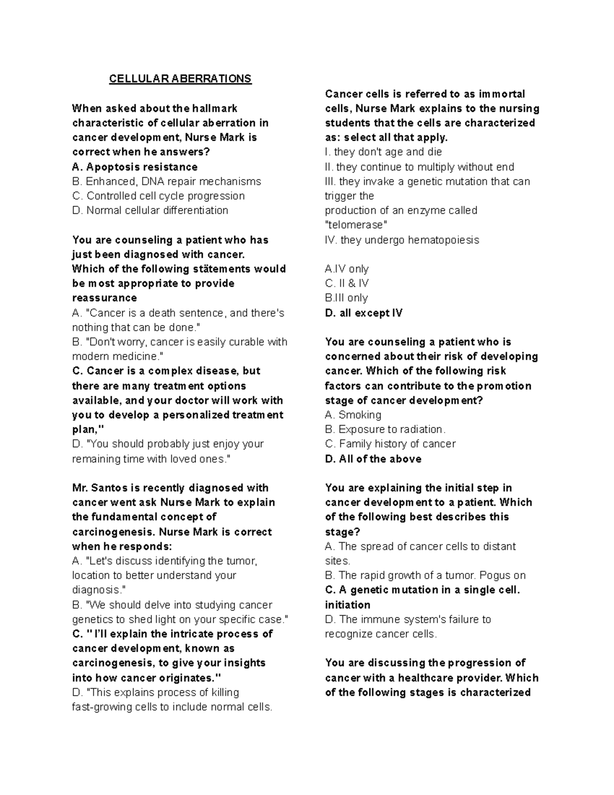 Cellular Aberration - onco - CELLULAR ABERRATIONS When asked about the ...
