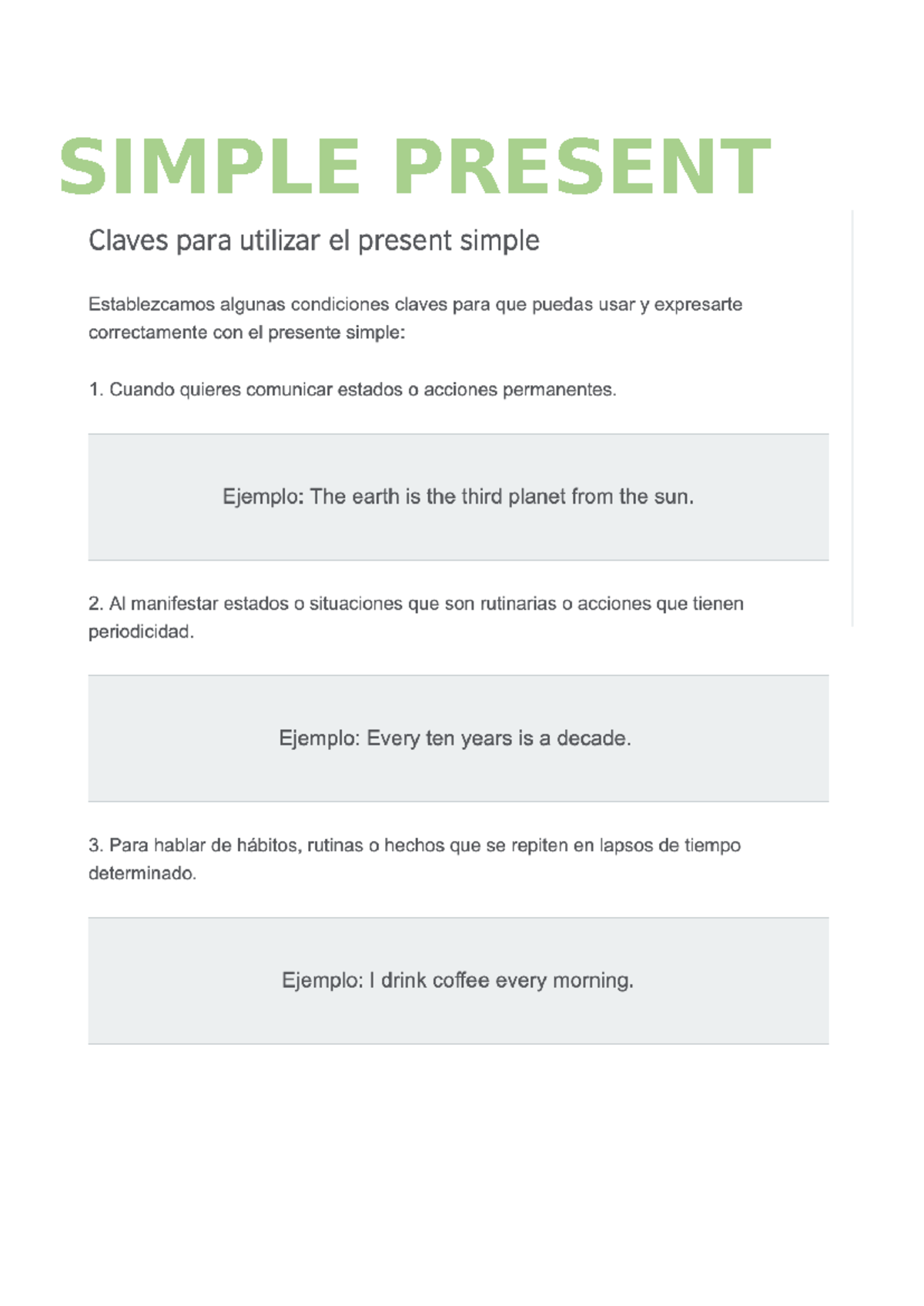 Simple Present Resumen - SIMPLE PRESENT Claves para utilizar el present simple Establezcamos ...