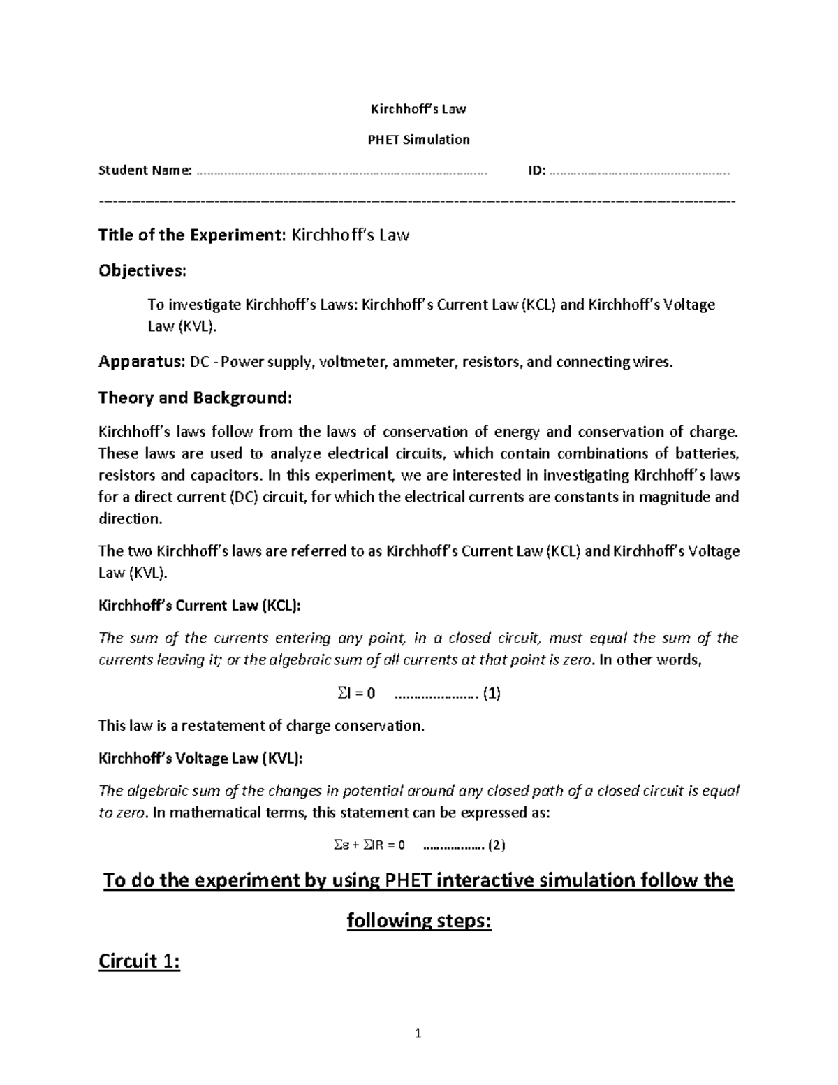 Physics PHET Simulation: Investigating Kirchhoff's Laws (KCL & KVL ...