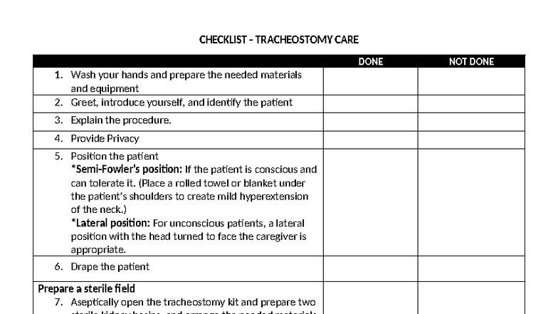 Tracheostomy Care Checklist: Essential Steps for Patient Safety - Studocu