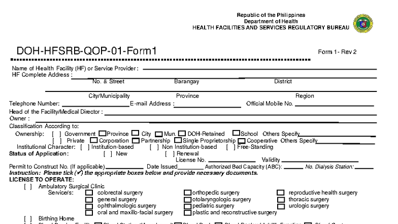 Application for License to Operate Health Facility Form 1 Rev 2 - Studocu