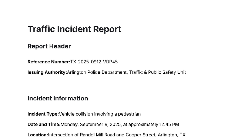 Traffic Incident Report: Vehicle Collision Involving Pedestrian - Studocu