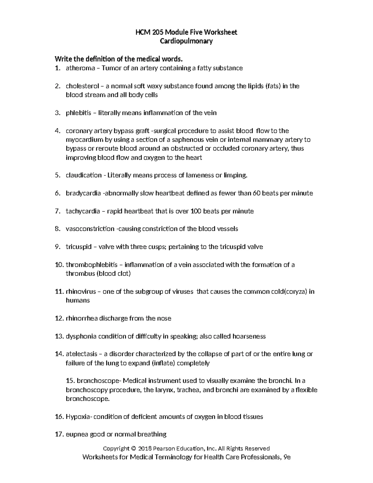 HCM 205 Module Five Cardiopulmonary Worksheet and Definitions - Studocu
