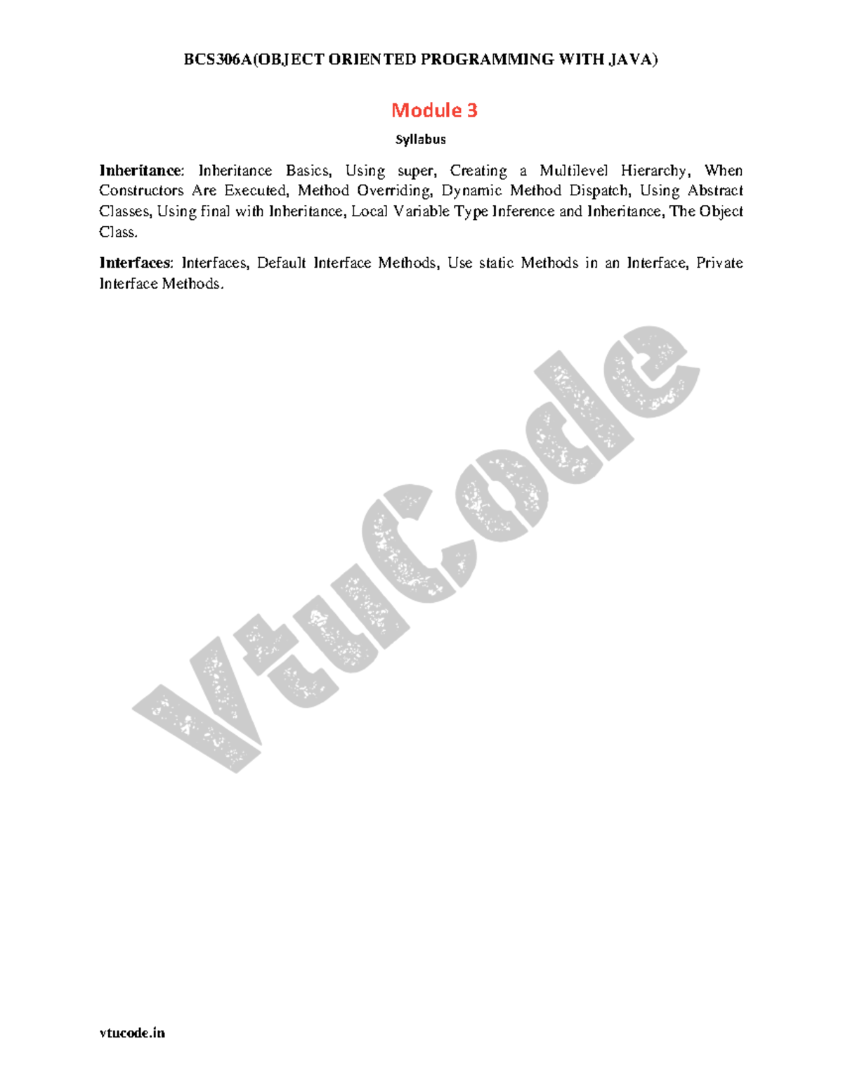 BCS306A (OBJECT ORIENTED PROGRAMMING WITH JAVA) Module 3: Inheritance ...