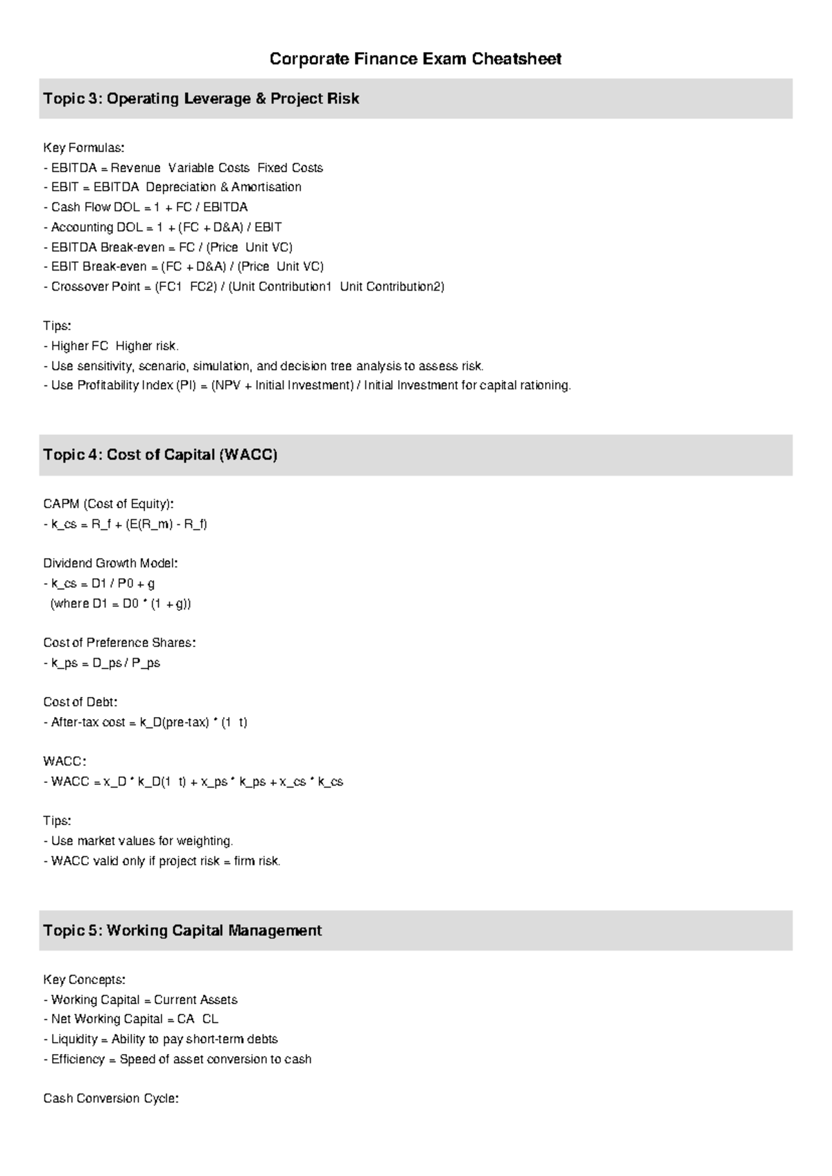 Corporate Finance Exam Cheatsheet: Key Topics & Formulas - Studocu
