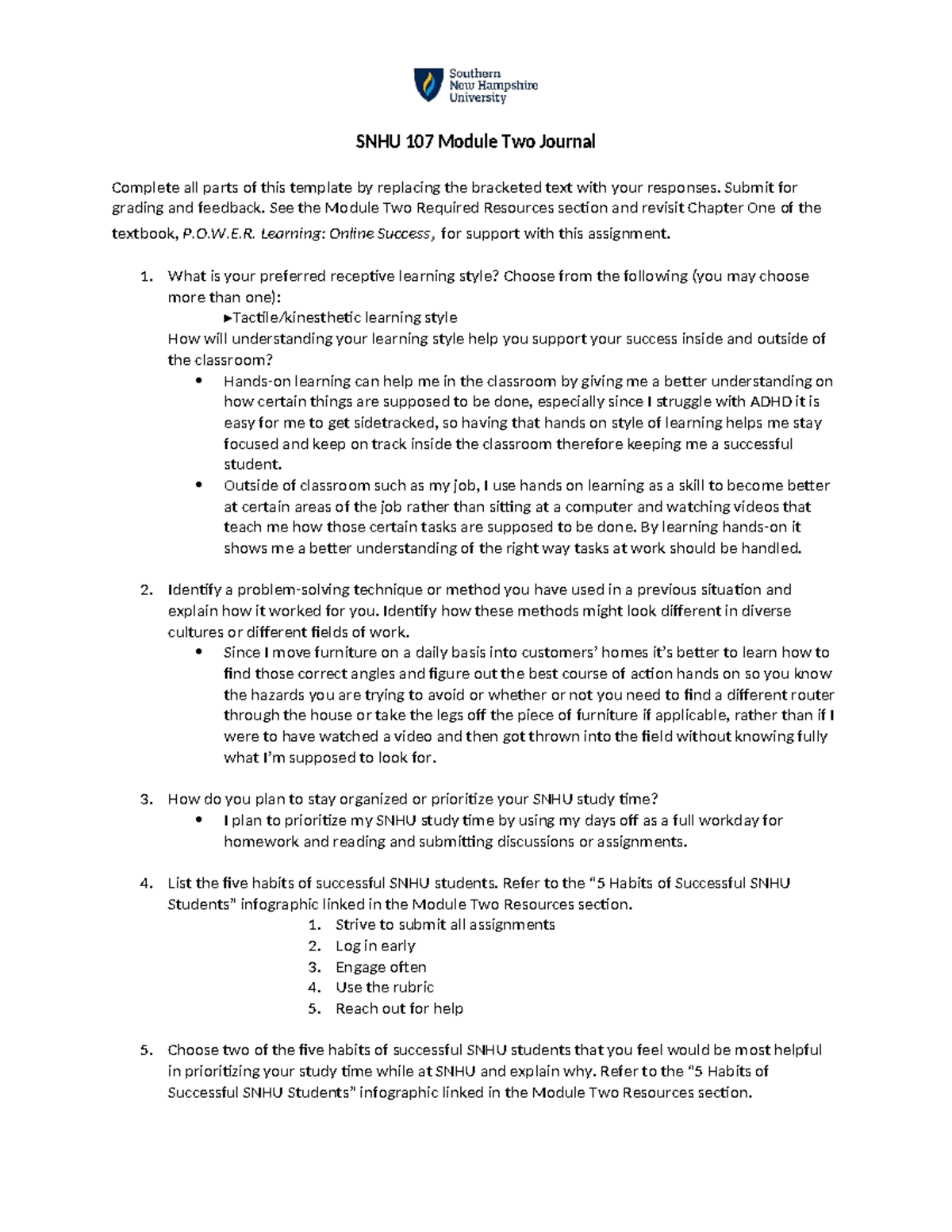 SNHU 107 Module Two Journal: Learning Styles & Study Habits - Studocu