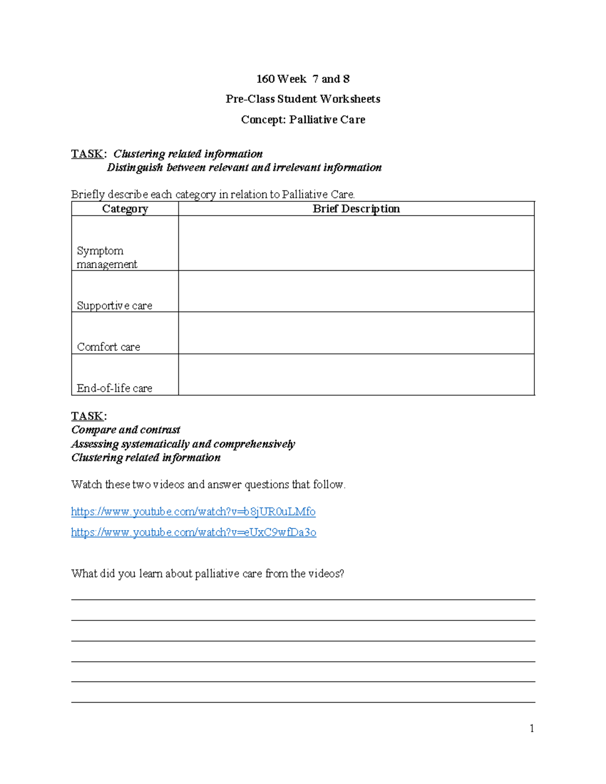 160 Week 7 & 8 Pre-Class Assignment on Palliative Care Concepts - Studocu