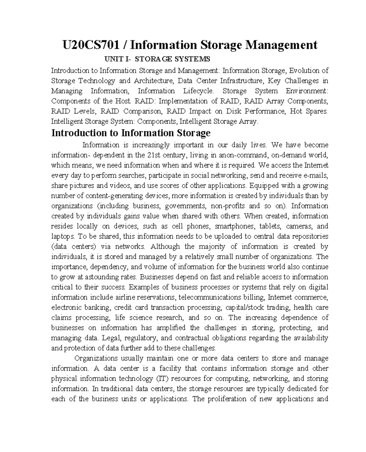 Information Storage Management - ISM U20CS701 Unit 1 Overview - Studocu