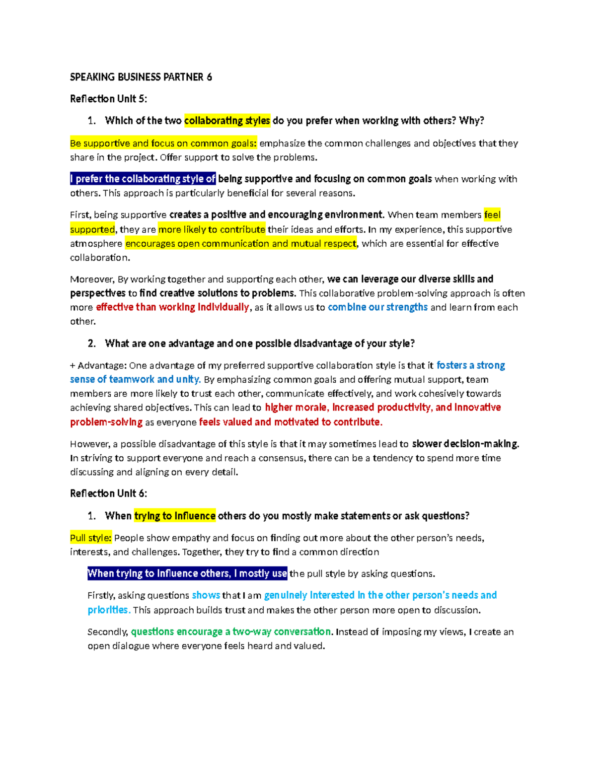 SPEAKING BUSINESS PARTNER 6 Reflection on Collaboration Styles - Studocu