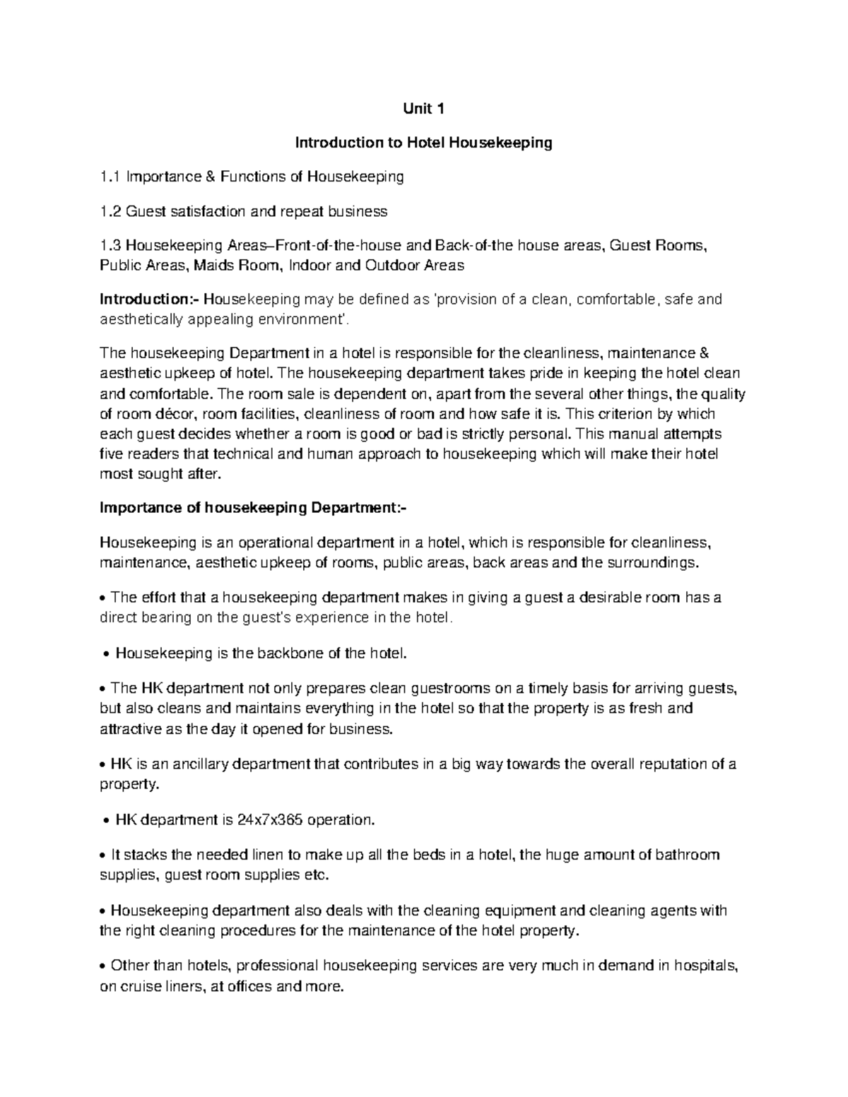 Introduction to Hotel Housekeeping (Course Code: HOSP101) - Studocu