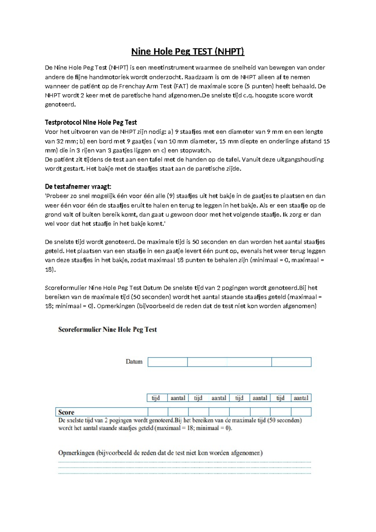 Nine Hole Peg Test (NHPT) - Assessment and Protocol Guide - Studeersnel