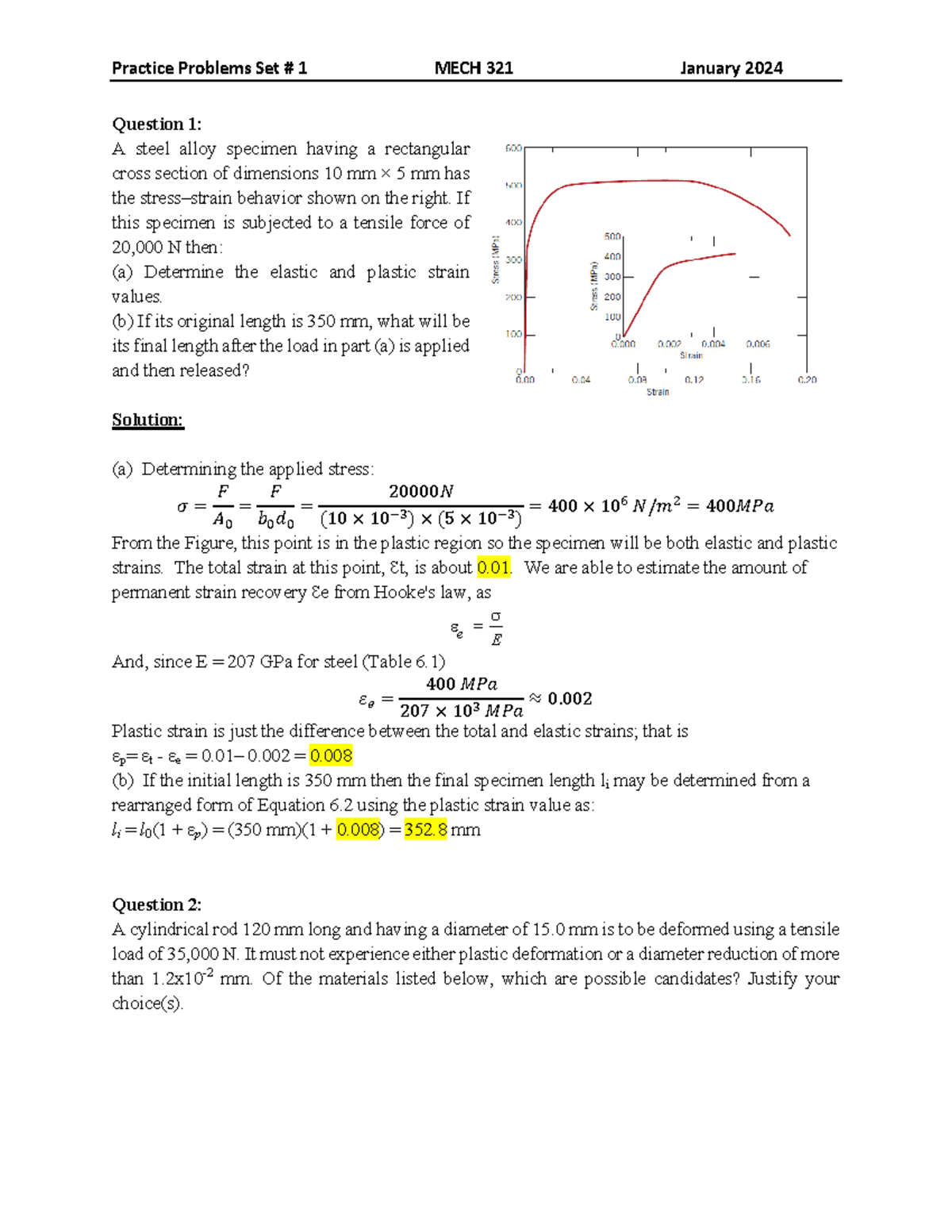 ENGR 2024: Practice Problem Set #1 Solutions & Stress-Strain Analysis - Studocu